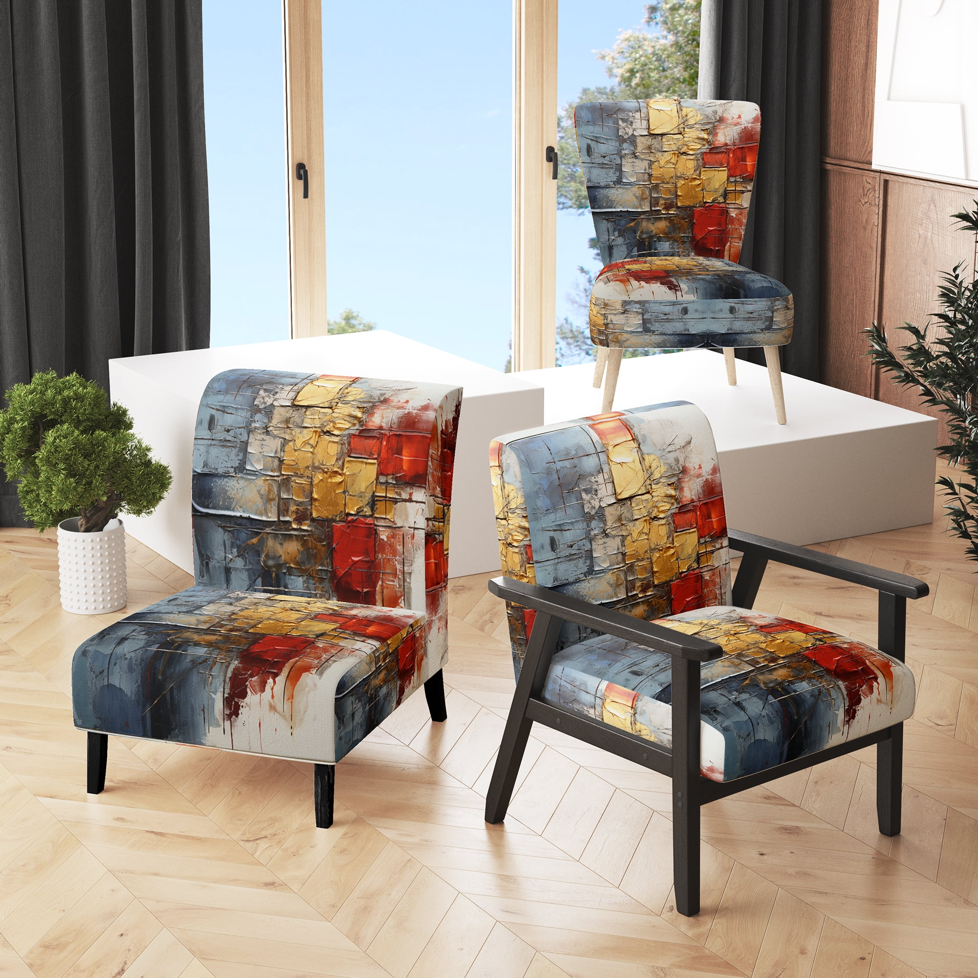 Designart "Gold Red Collage Serenade" Upholstered Abstract Accent Chair ...