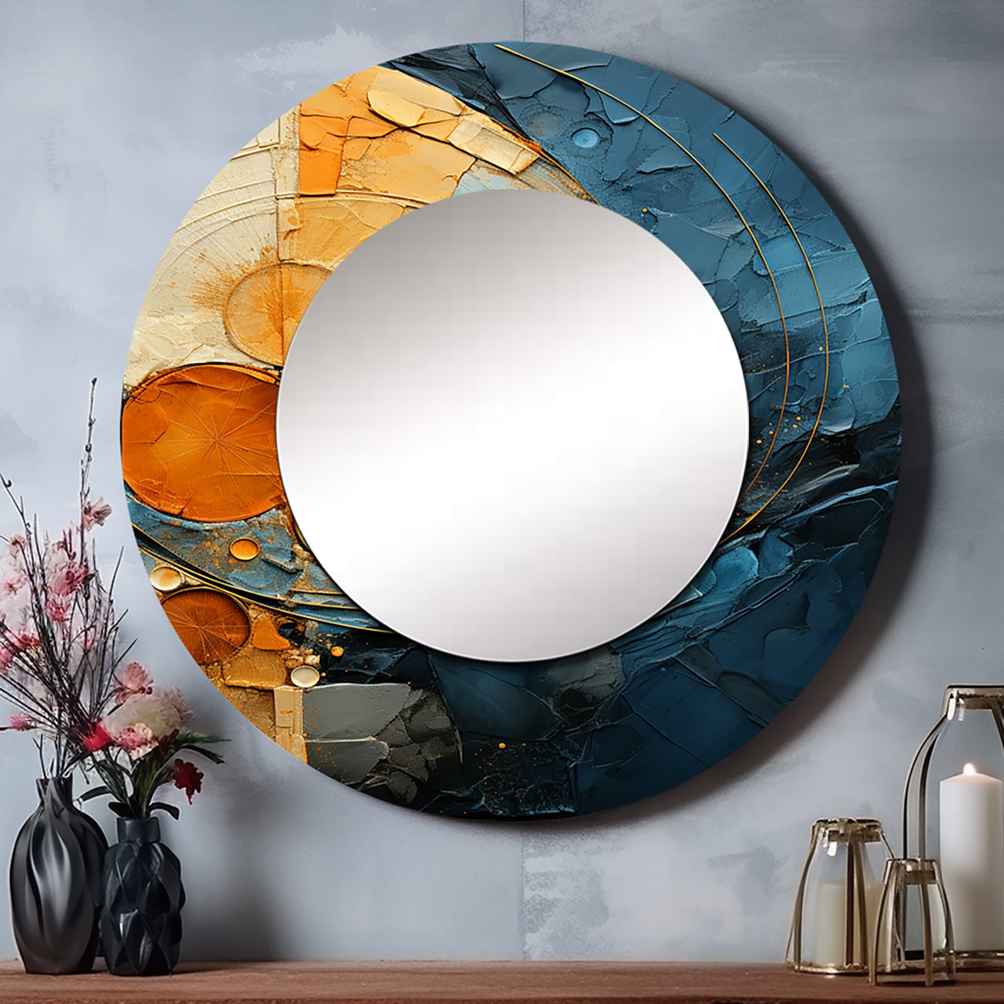 Designart "Gold Teal Abstract VORTEXs I" Abstract Round Mirror Wall ...