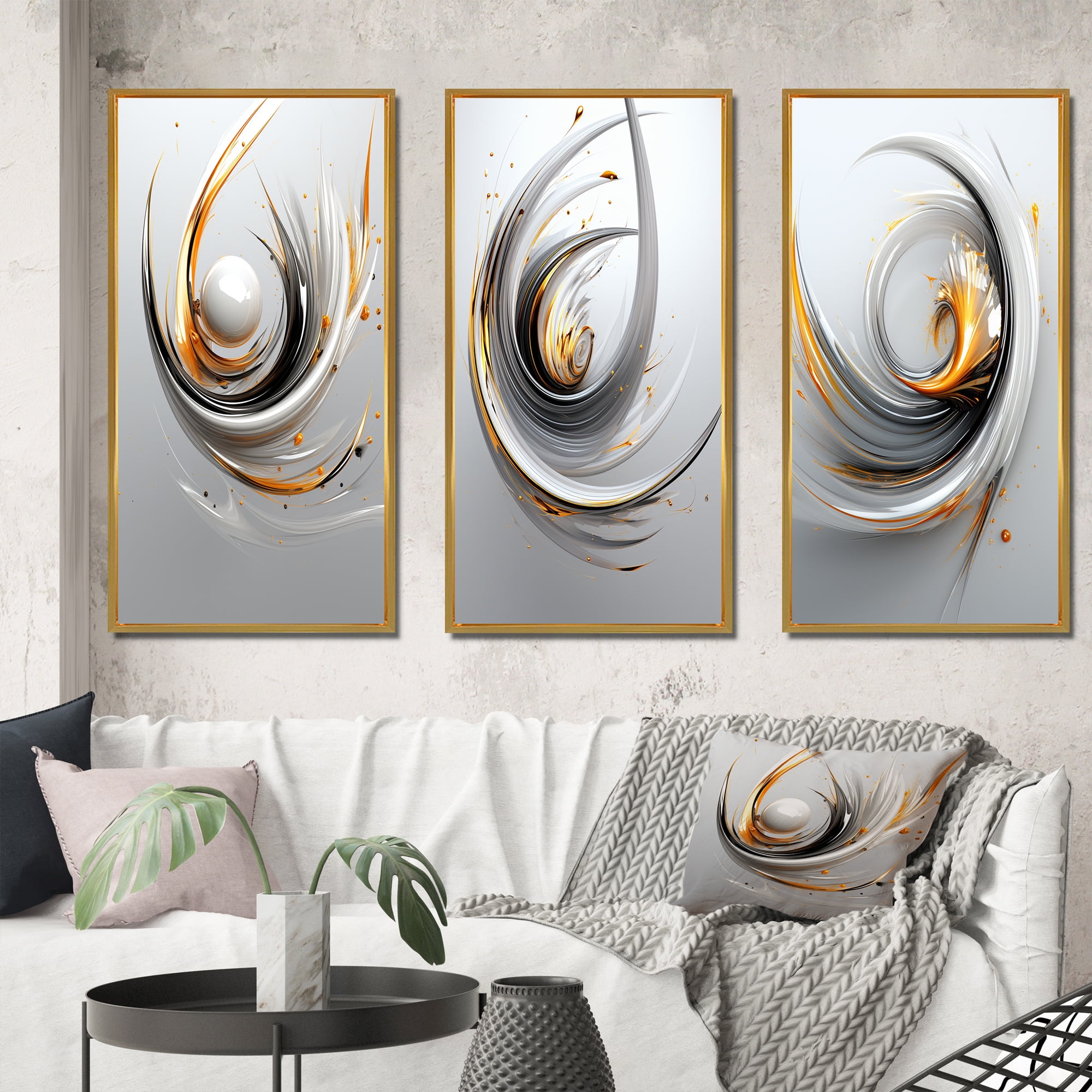 Designart "Gold White Silver Liquid Sublime Minimalism III" Abstract ...