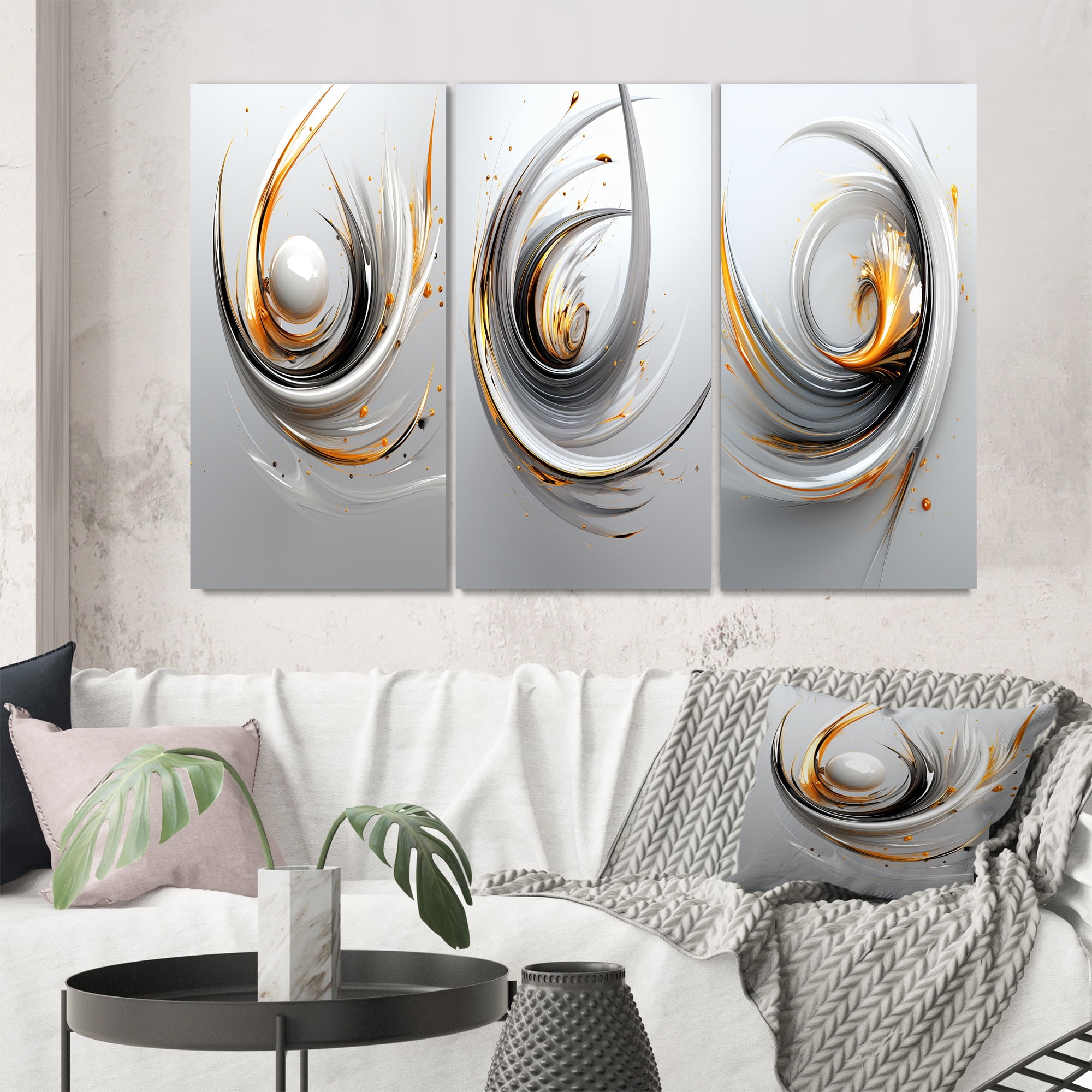 Designart "Gold White Silver Liquid Sublime Minimalism III" Abstract Shapes Wall Art Set Of 3 ...