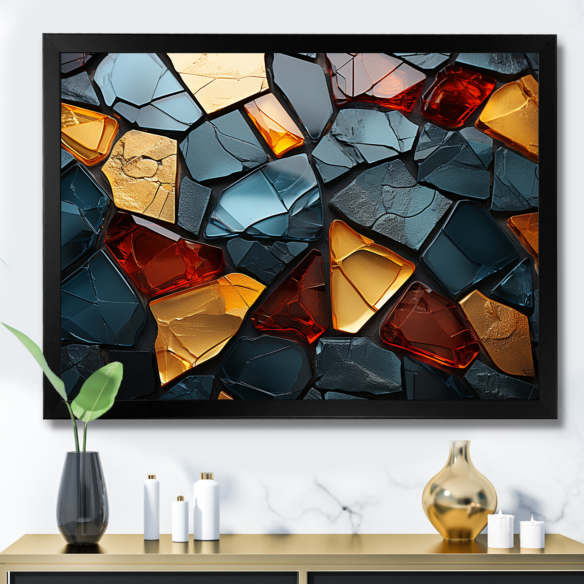 Designart "Gold and Blue Mosaic Patterns I" Abstract Framed Wall Art ...