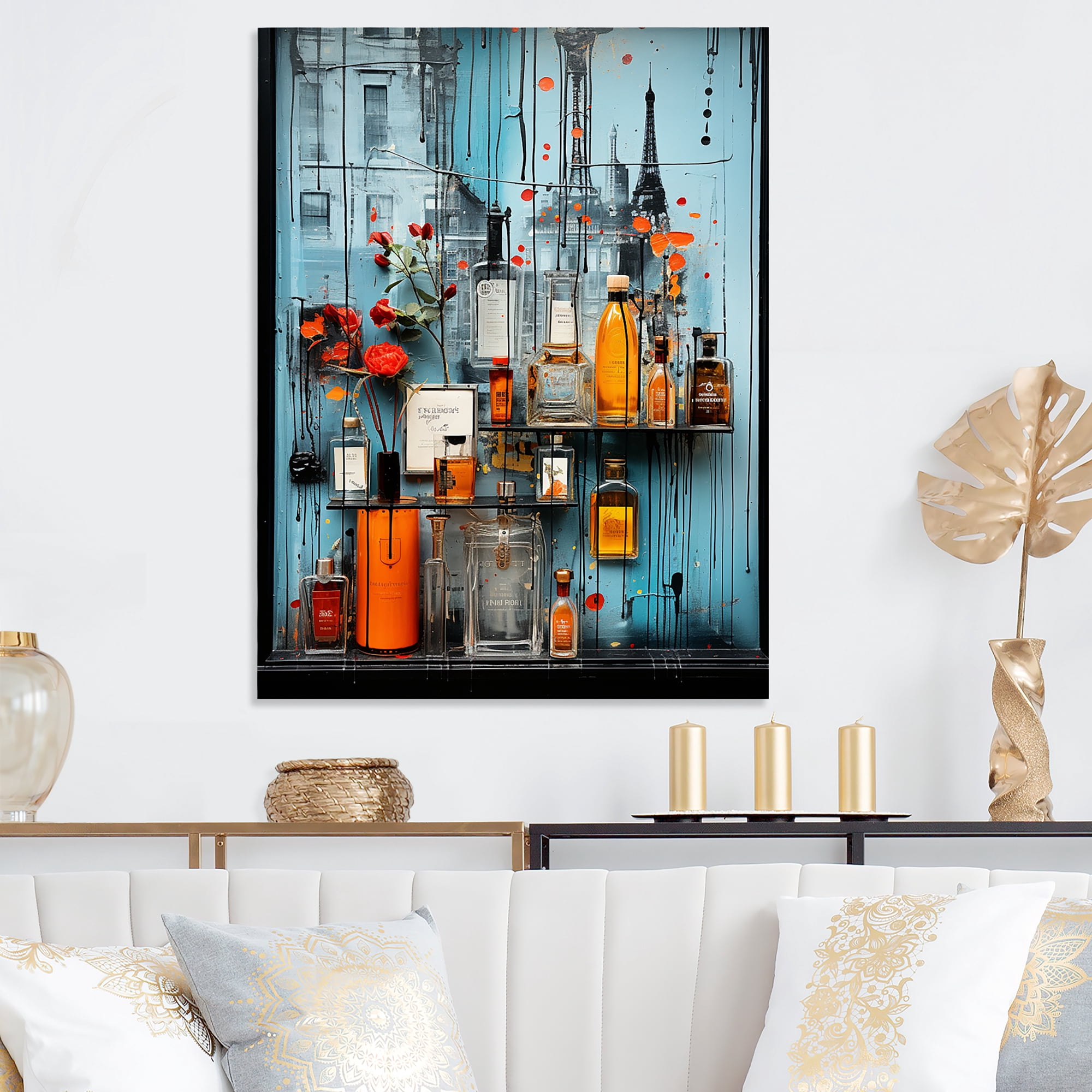 Designart "Art Deco Perfume Bottles in Gold and Blue II" Perfumes Metal ...