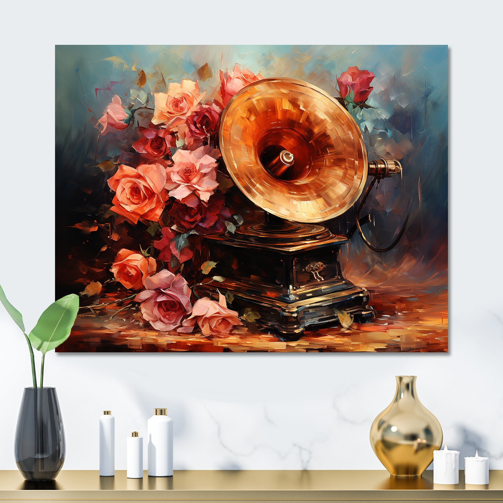 Designart "Gold floral Phonographs elegance In Gold and Pink ...