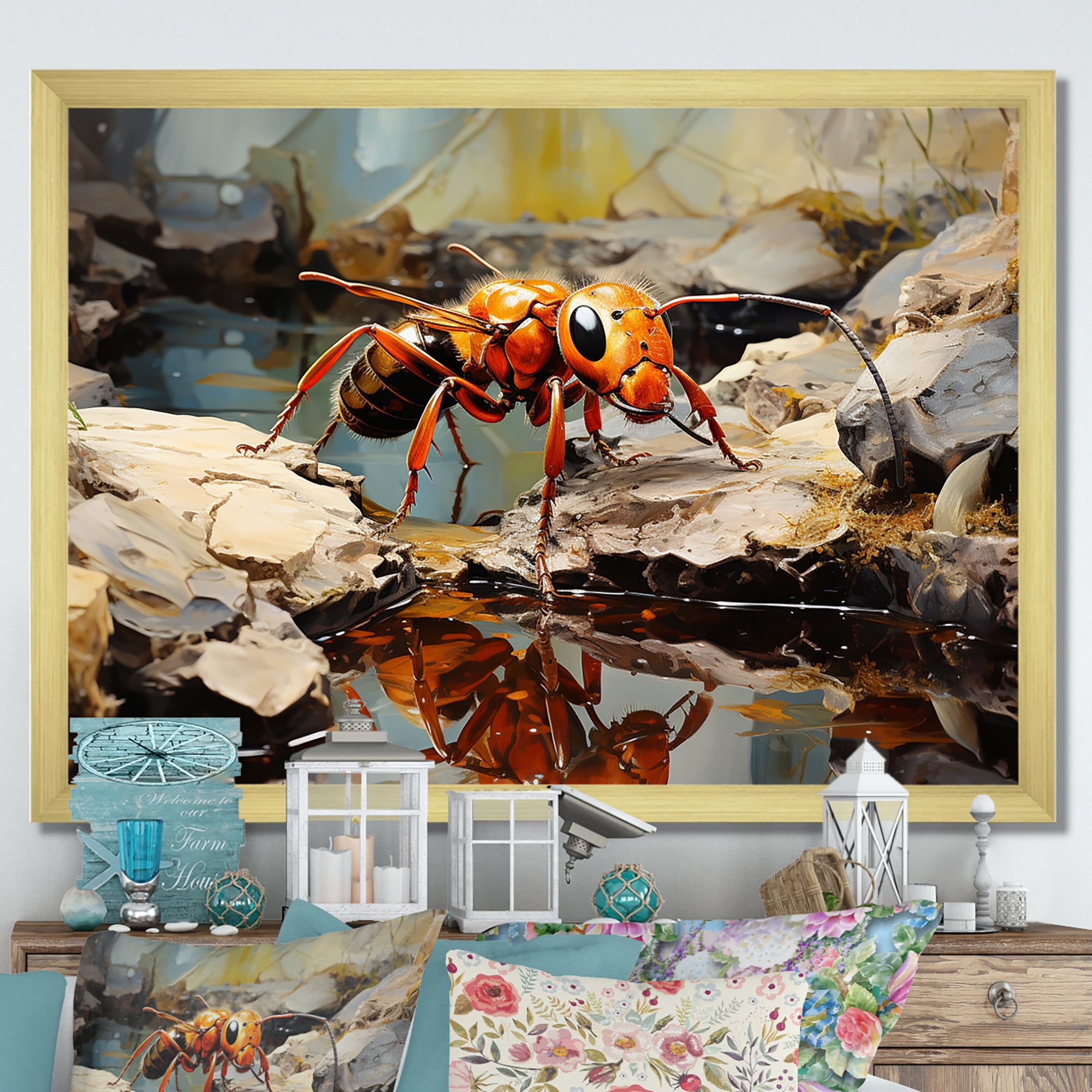 Designart "Golden Ant Pathways I" Animals Ant Picture Framed Wall Art ...