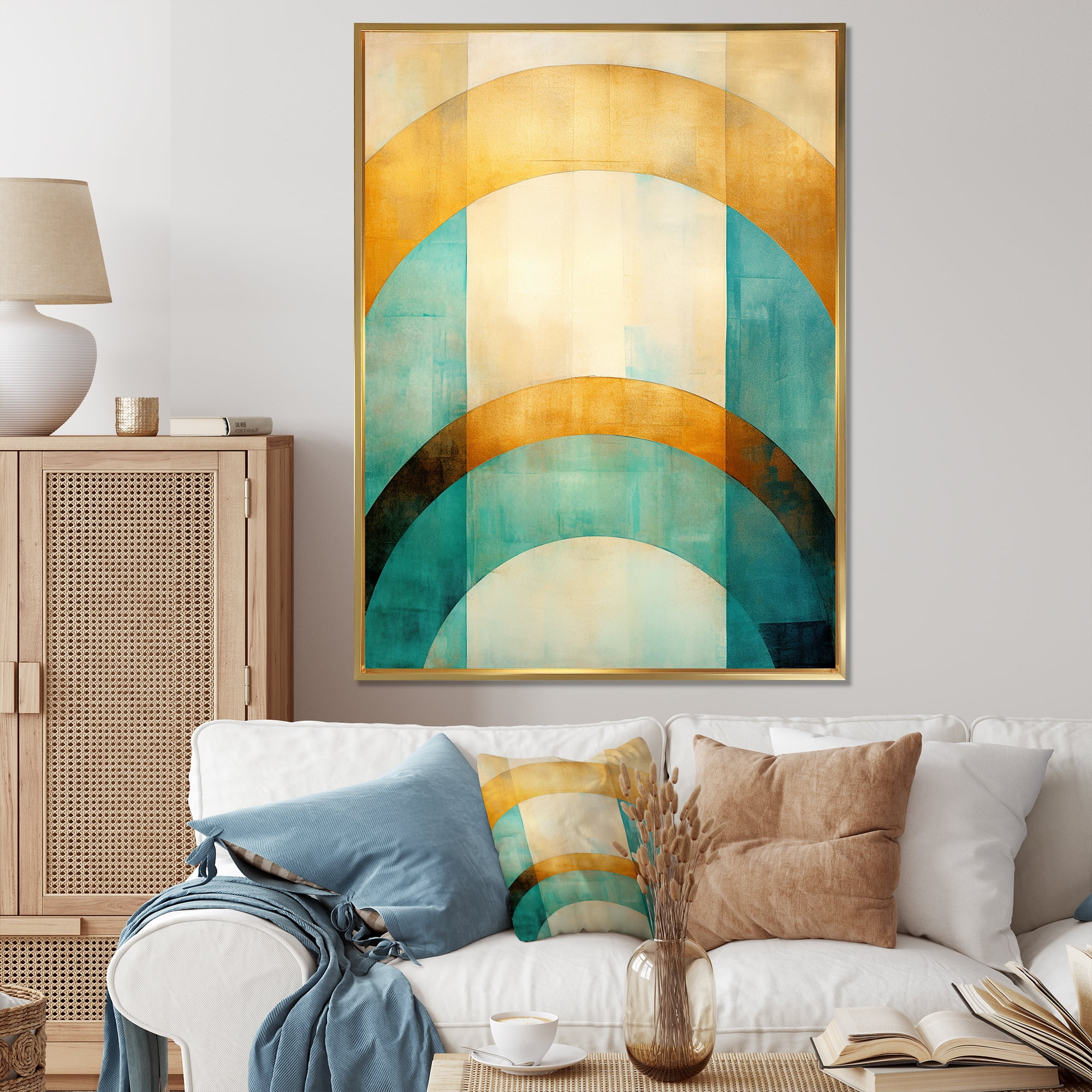 Designart "Golden Arches In Emerald III" Abstract Shapes Floater Framed ...