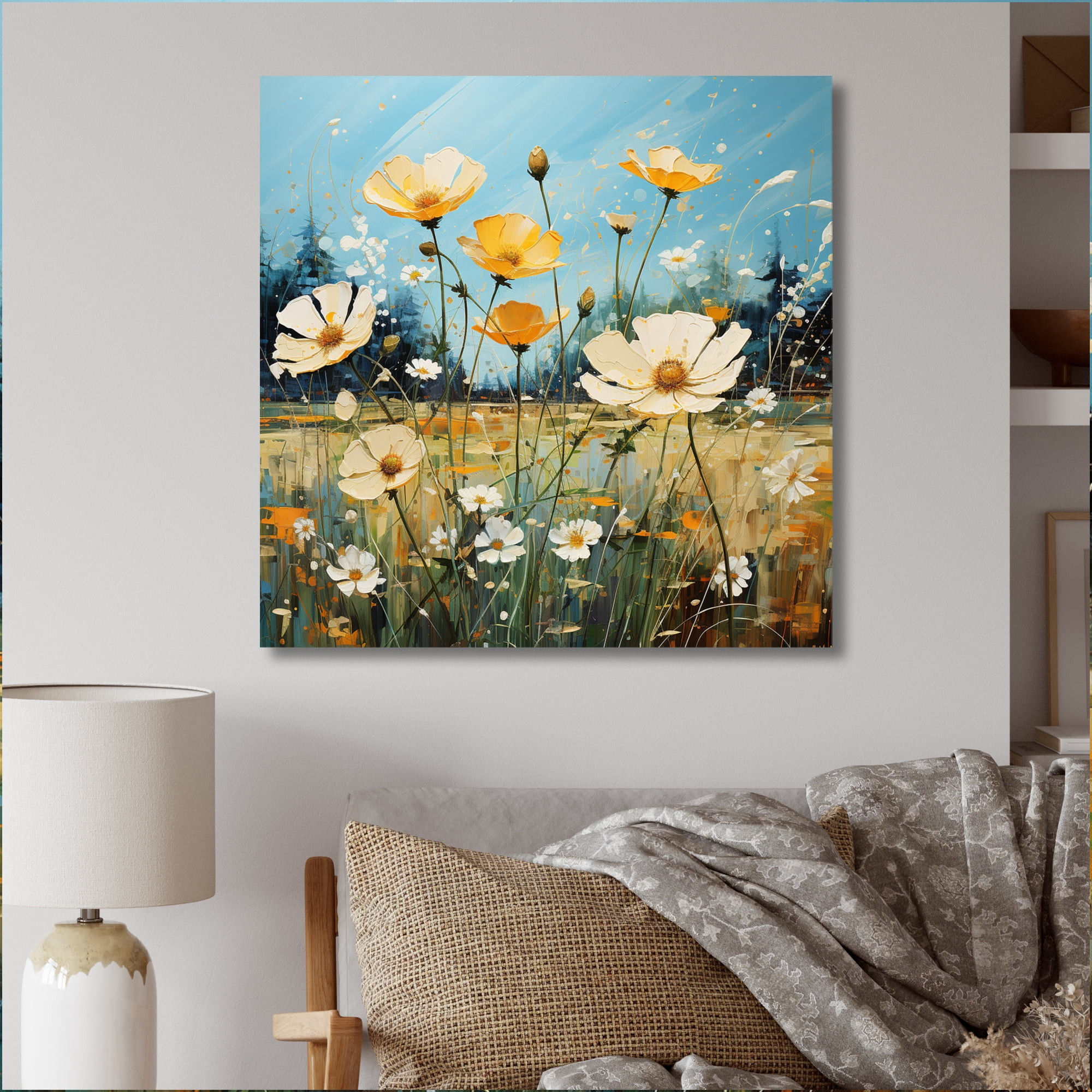 Designart "Golden Azure Ranunculus Sunlit Field" Floral Wall Art Living ...