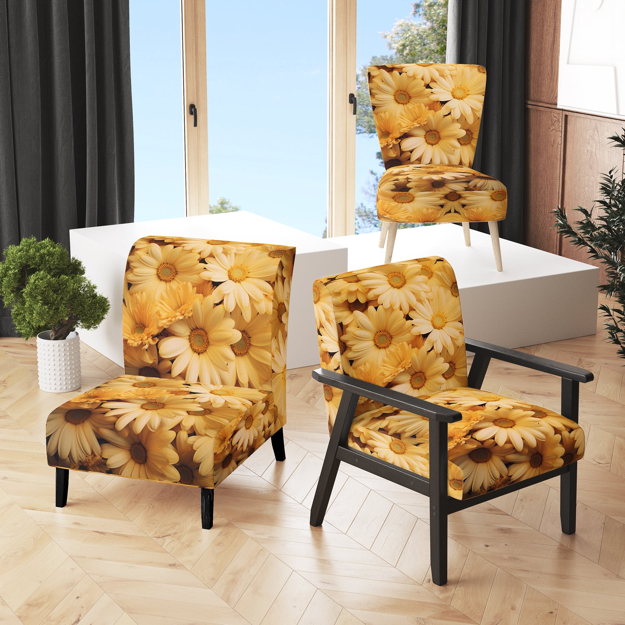 Designart "Golden Blooms of Daisies" White Floral Upholstered Accent ...