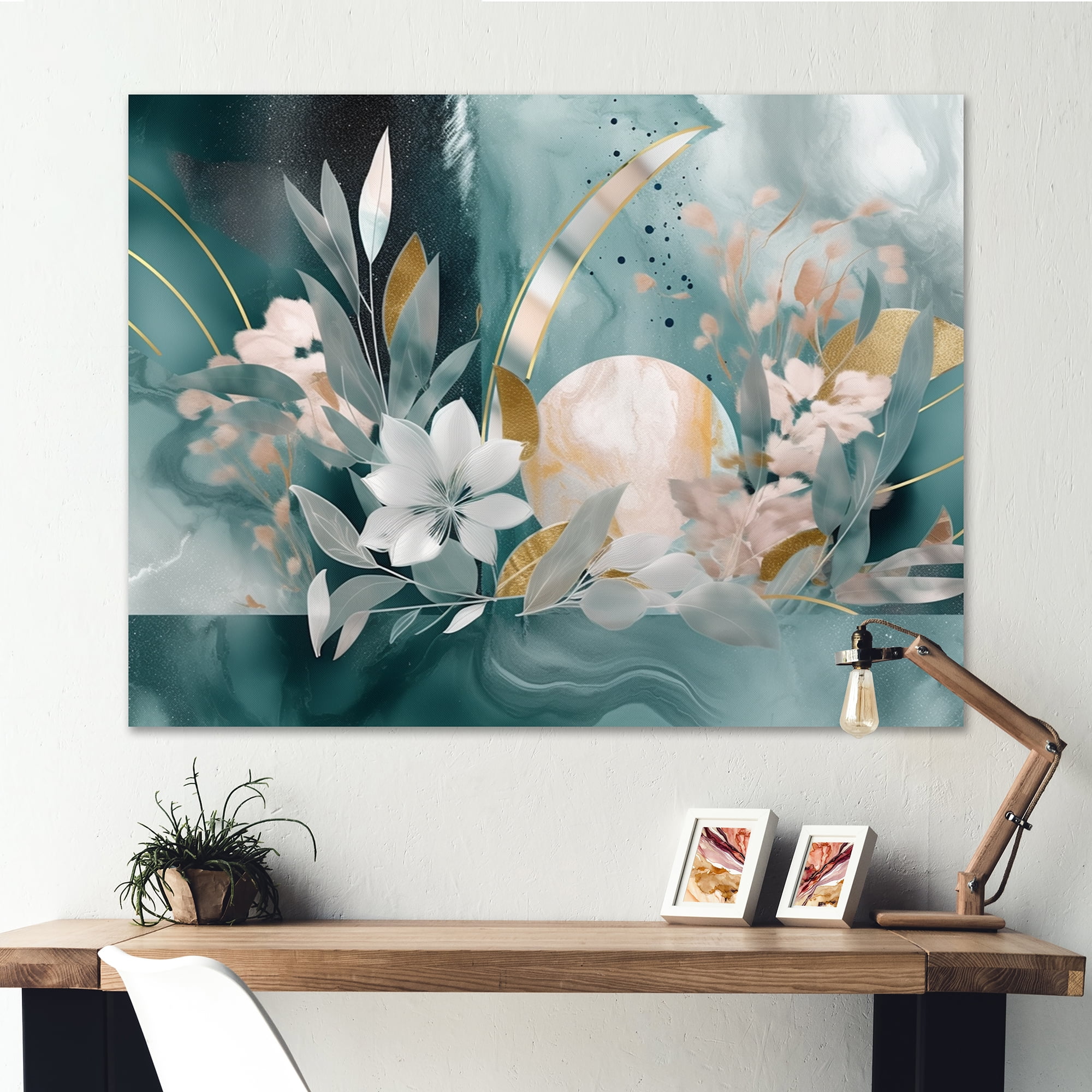 Designart "Golden Blue And Pink Smooth Floral Design I" Floral Wall Art ...