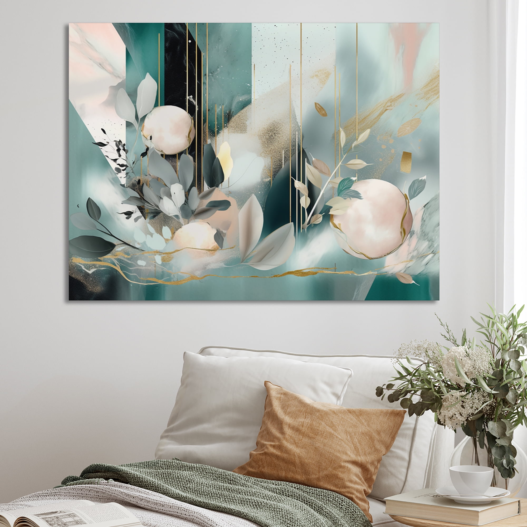 Designart "Golden Blue And Pink Smooth Floral Design II" Floral Wall ...