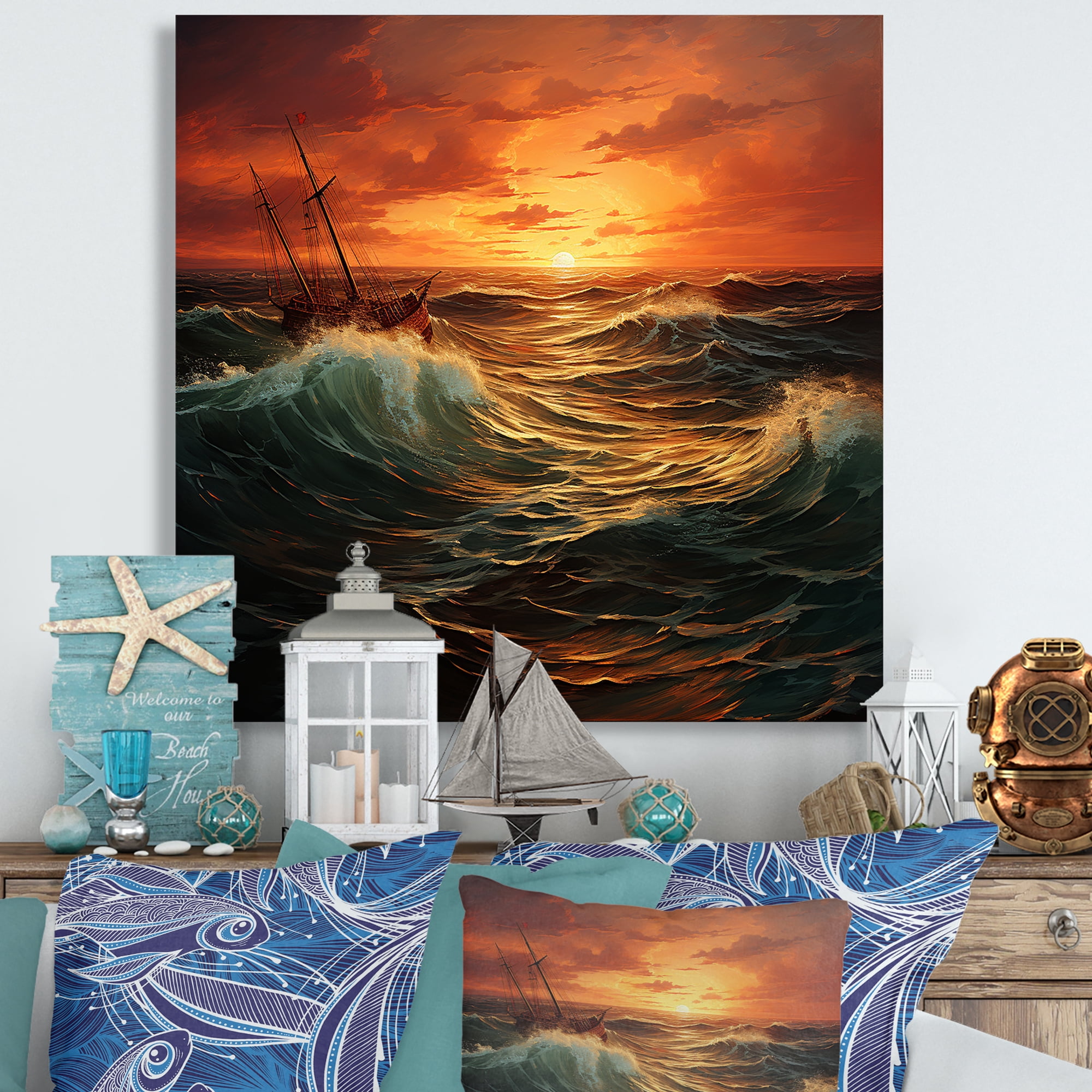 Designart "Golden Boat Horizon at Sunset I" Coastal Wall Art - Coastal ...