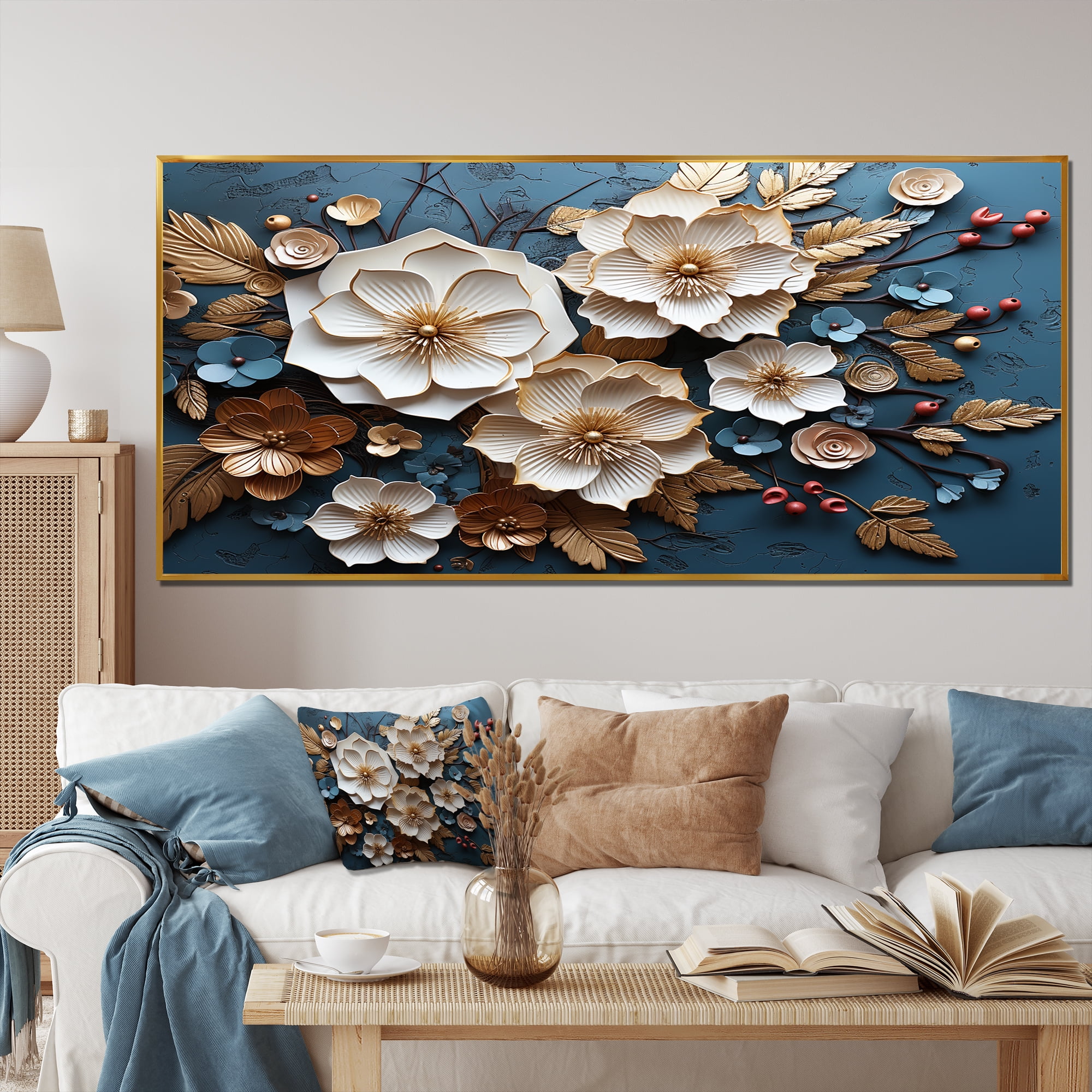 Designart "Golden Branches Blue and White Orchid Tree V" Extra Large ...
