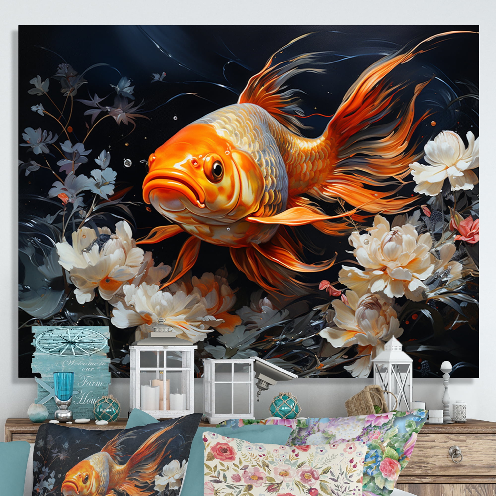 Designart "Golden Carp Asian Glowing I" Animals Wall Art Living Room ...