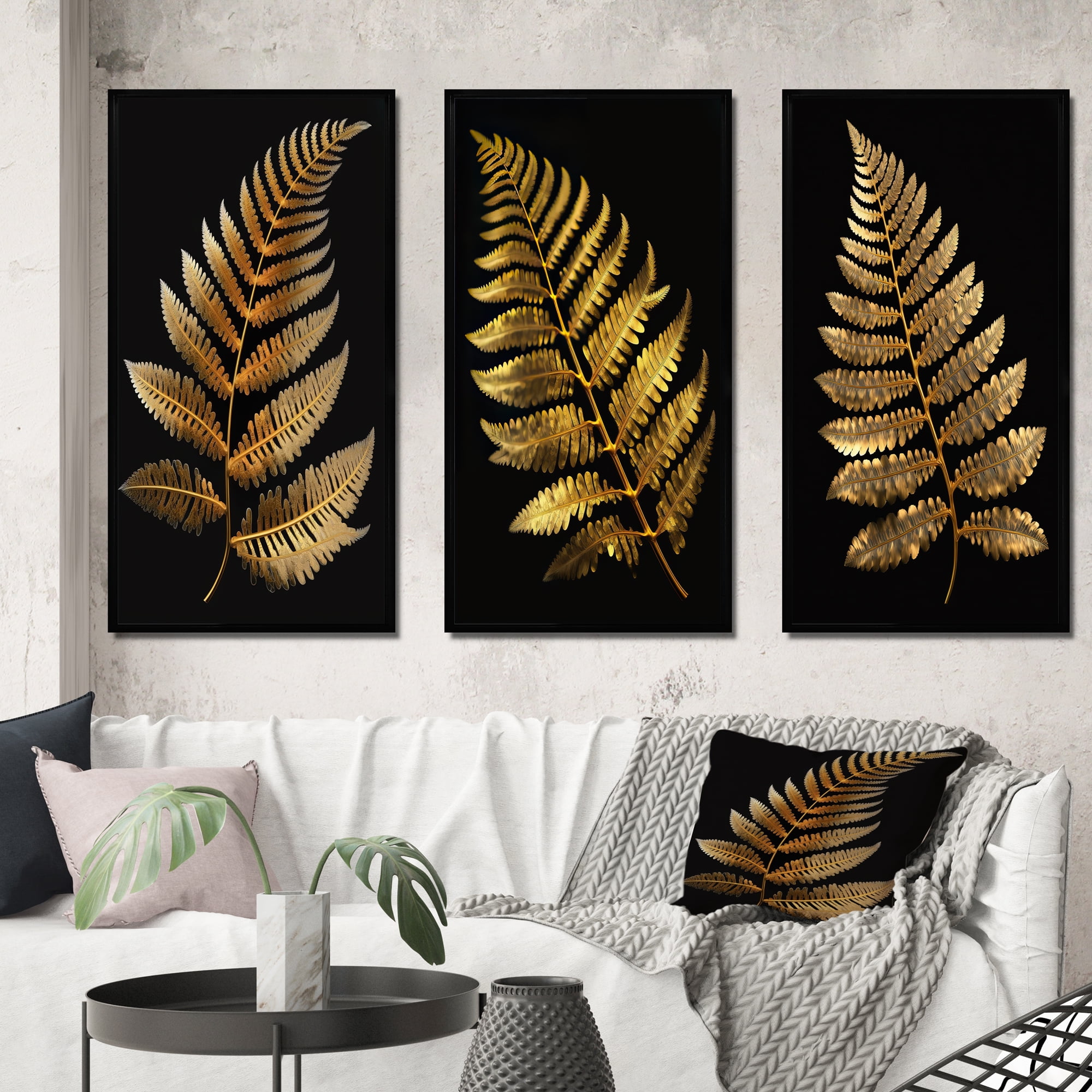 Designart "Golden Fern Against Black Background I" Floral Ferns Framed ...