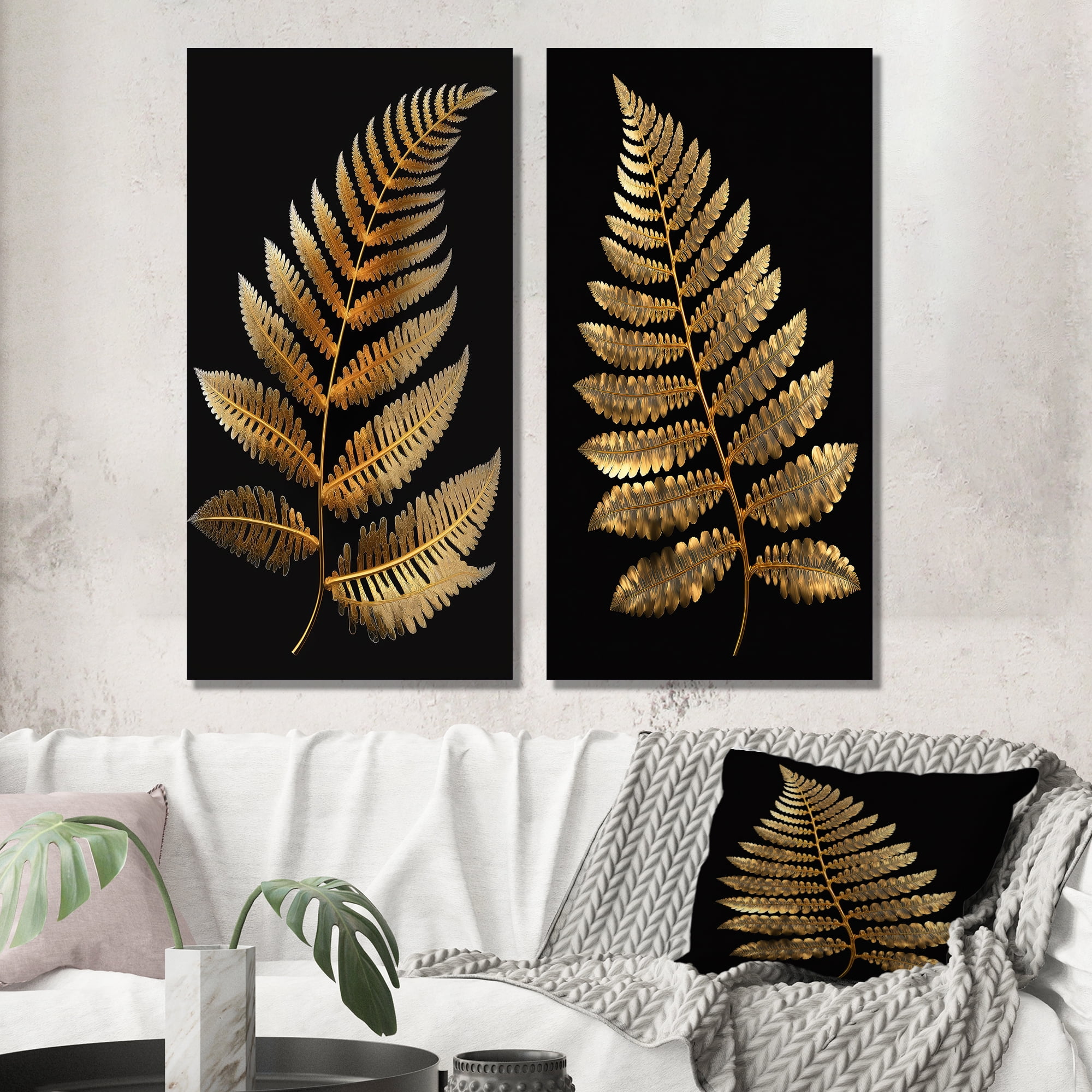 Designart "Golden Fern Against Black Background I" Floral Ferns Wall ...