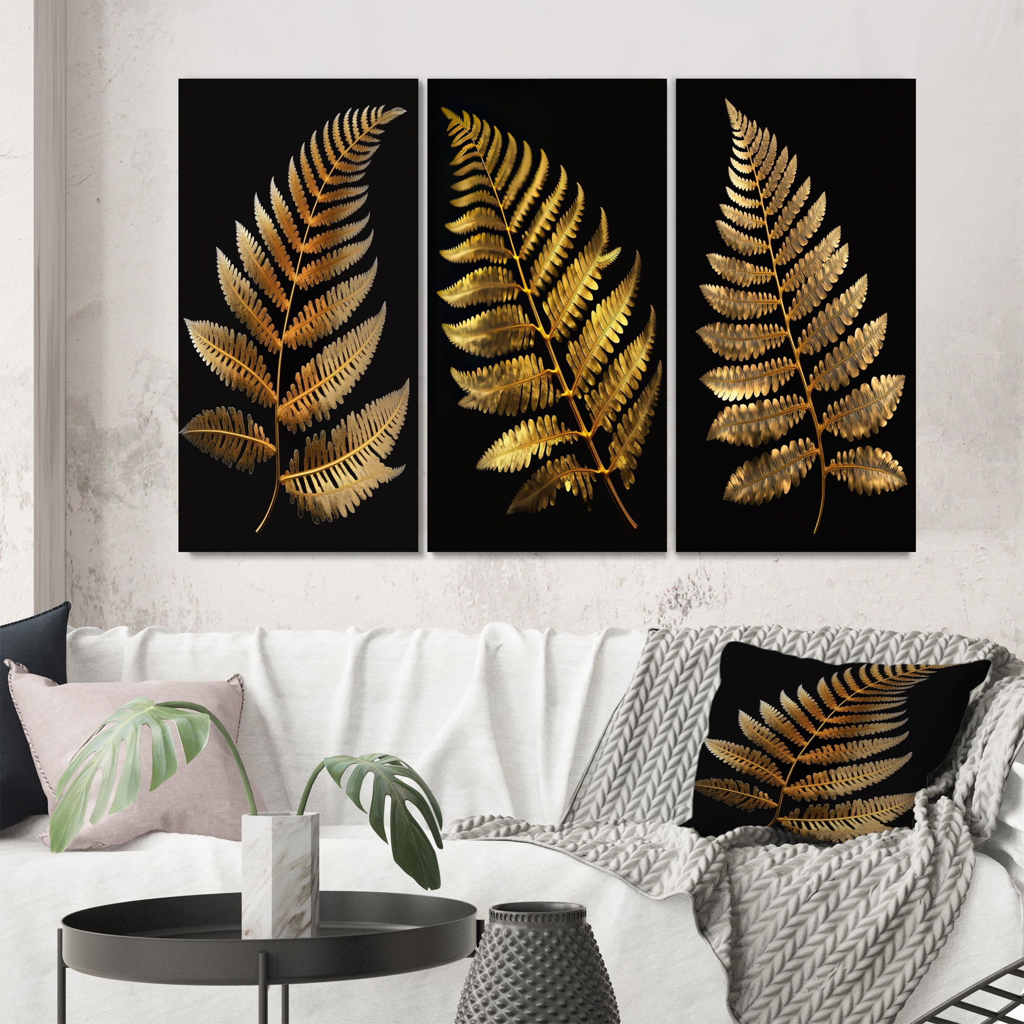Designart "Golden Fern Against Black Background I" Floral Ferns Wall ...