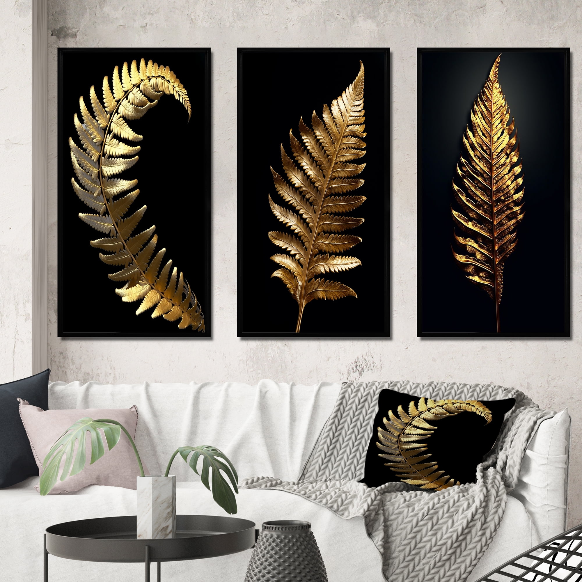 Designart "Golden Fern Leaf on Black Background II" Ferns Framed Wall ...