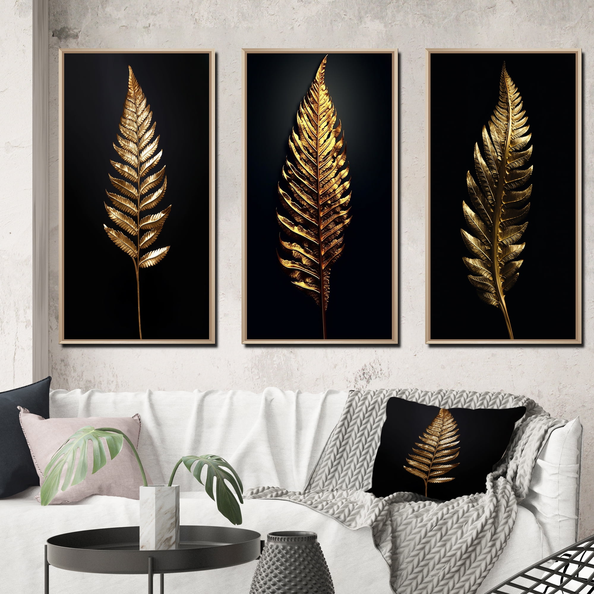 Designart "Golden Fern Leaf on Black Background VI" Ferns Framed Wall ...