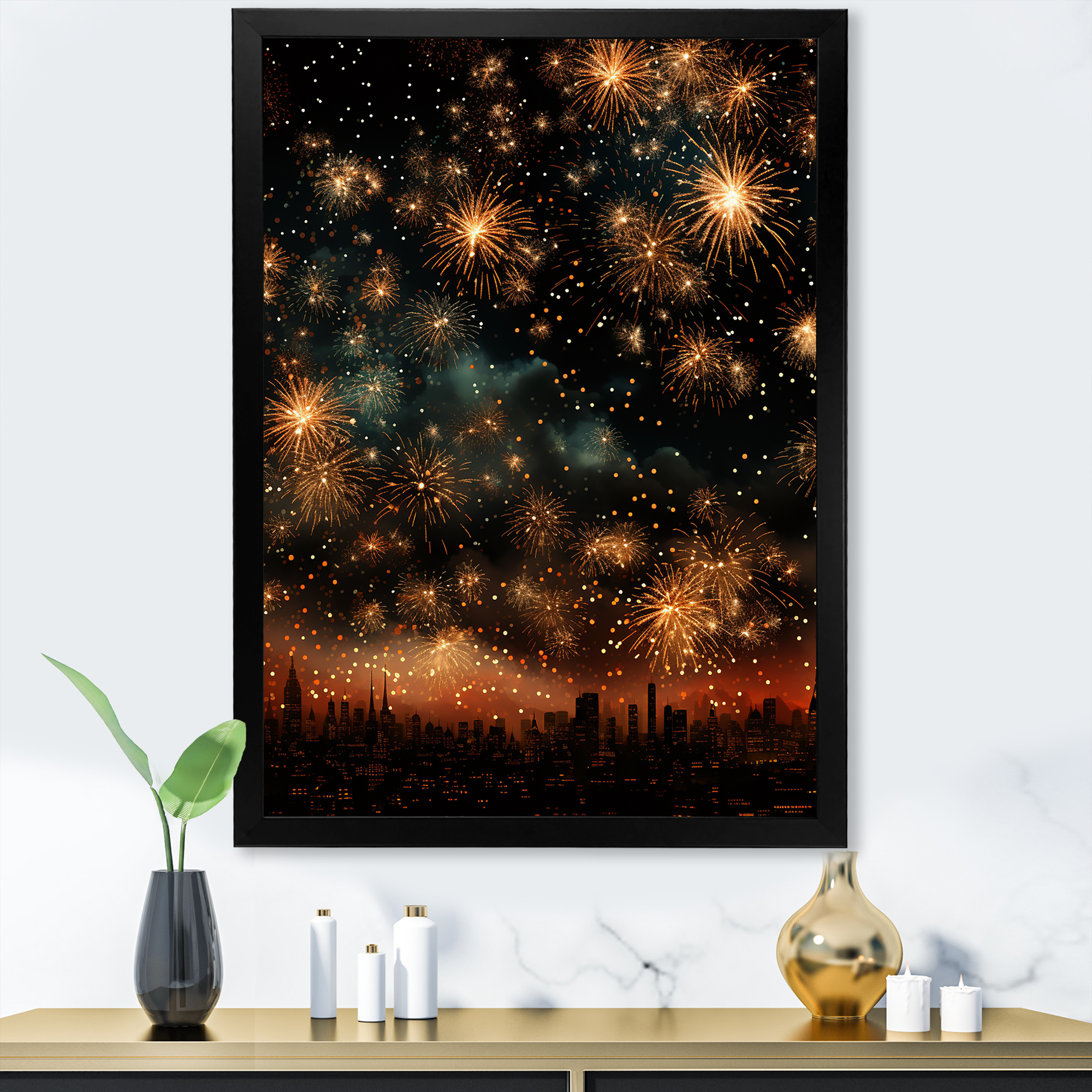 Designart "Golden Fireworks in the Night Sky" Fashion Framed Wall Art ...