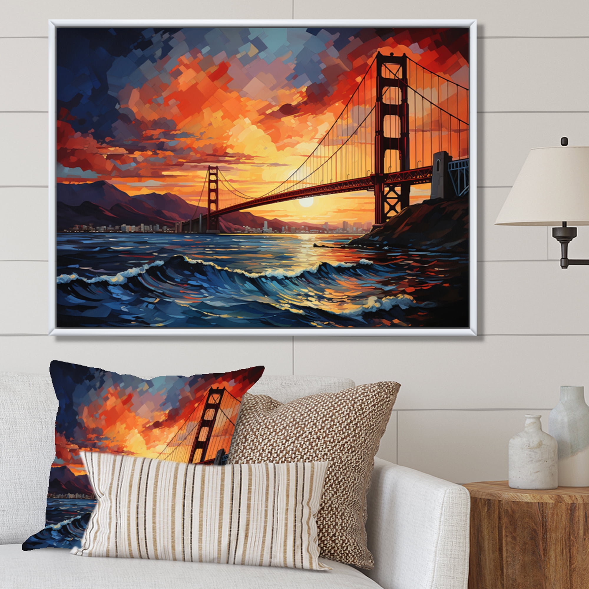 Designart "Golden Gateway Orange Bridge I" Bridges Floater Framed Wall ...