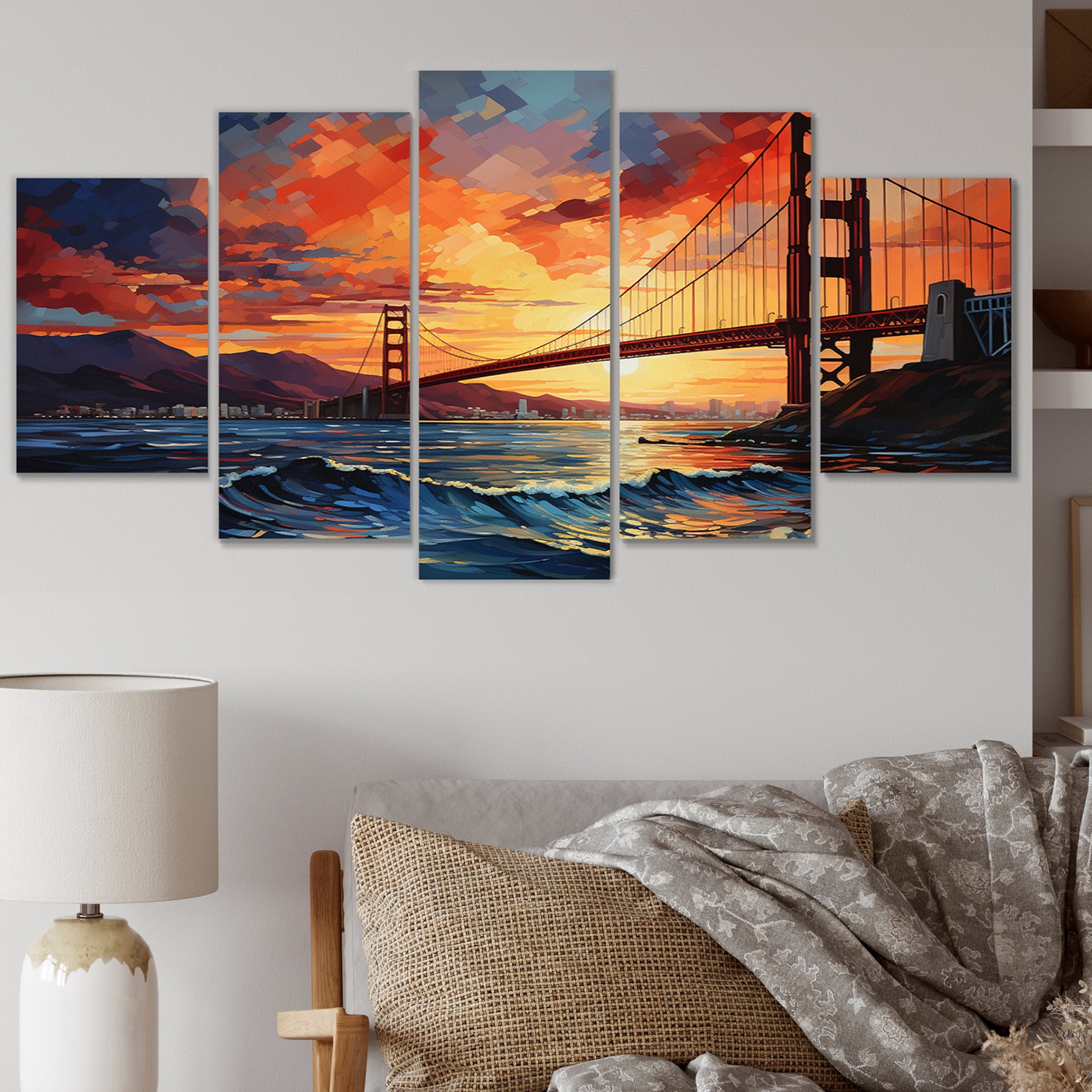Designart "Golden Gateway Orange Bridge I" Bridges Wall Art Prints Set ...