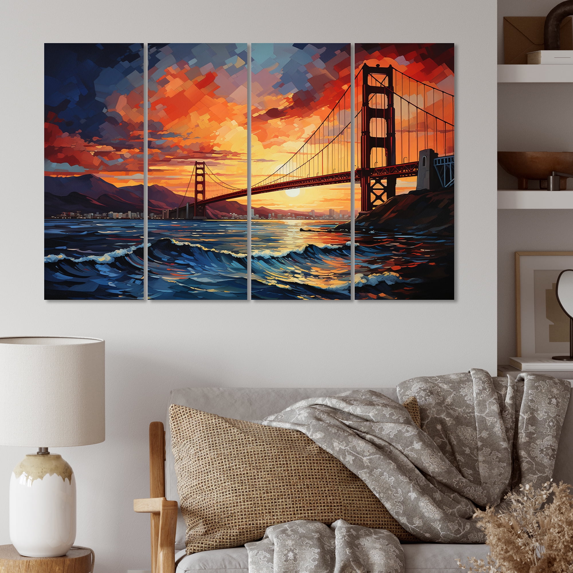 Designart "Golden Gateway Orange Bridge I" Bridges Wall Art Prints Set ...