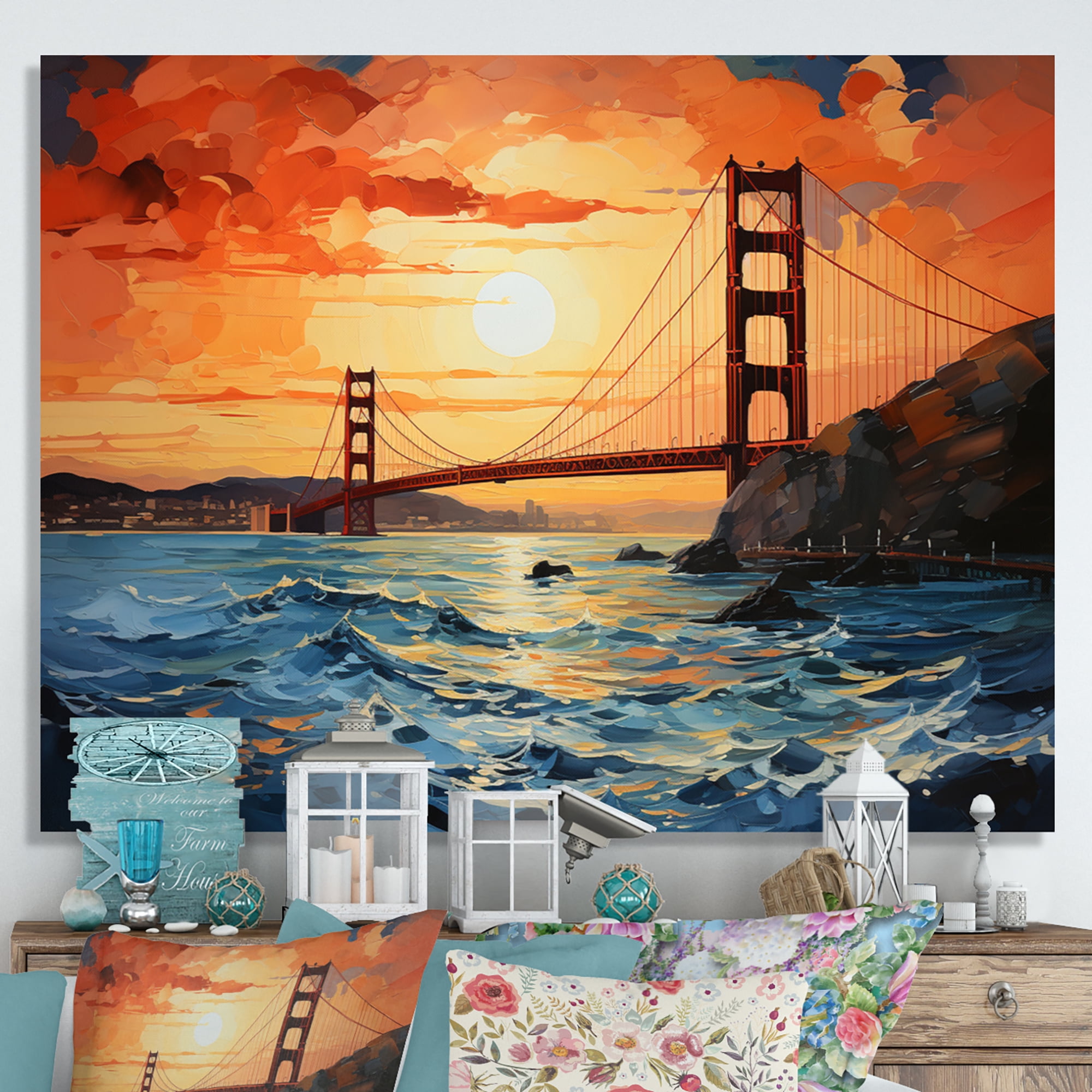 Designart "Golden Gateway Orange Bridge II" Bridges Wall Art Living ...