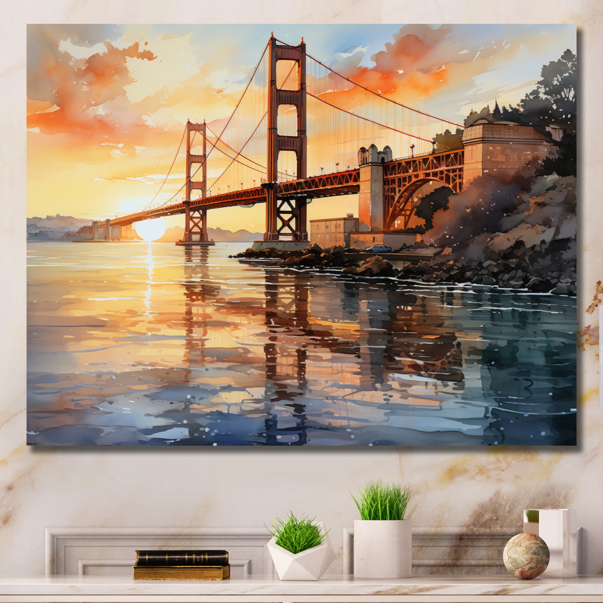 Designart "Golden Gateway Orange Bridge III" Bridges Canvas Wall Art ...