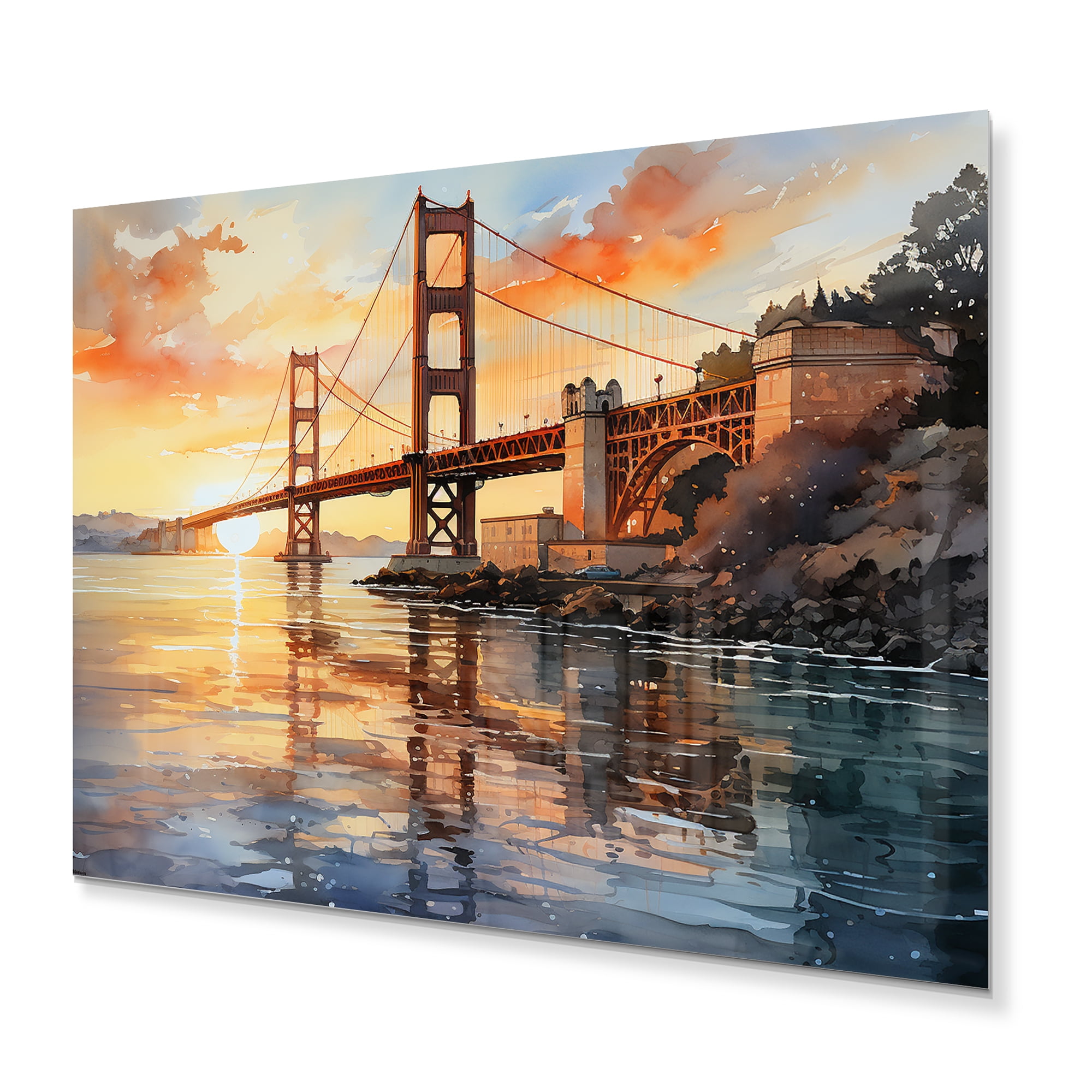 Designart "Golden Gateway Orange Bridge III" Bridges Metal Wall Decor ...
