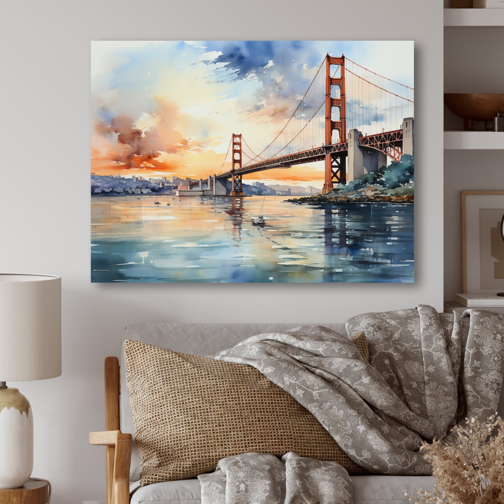 Designart "Golden Gateway Orange Bridge IV" Architecture Metal Wall Art ...