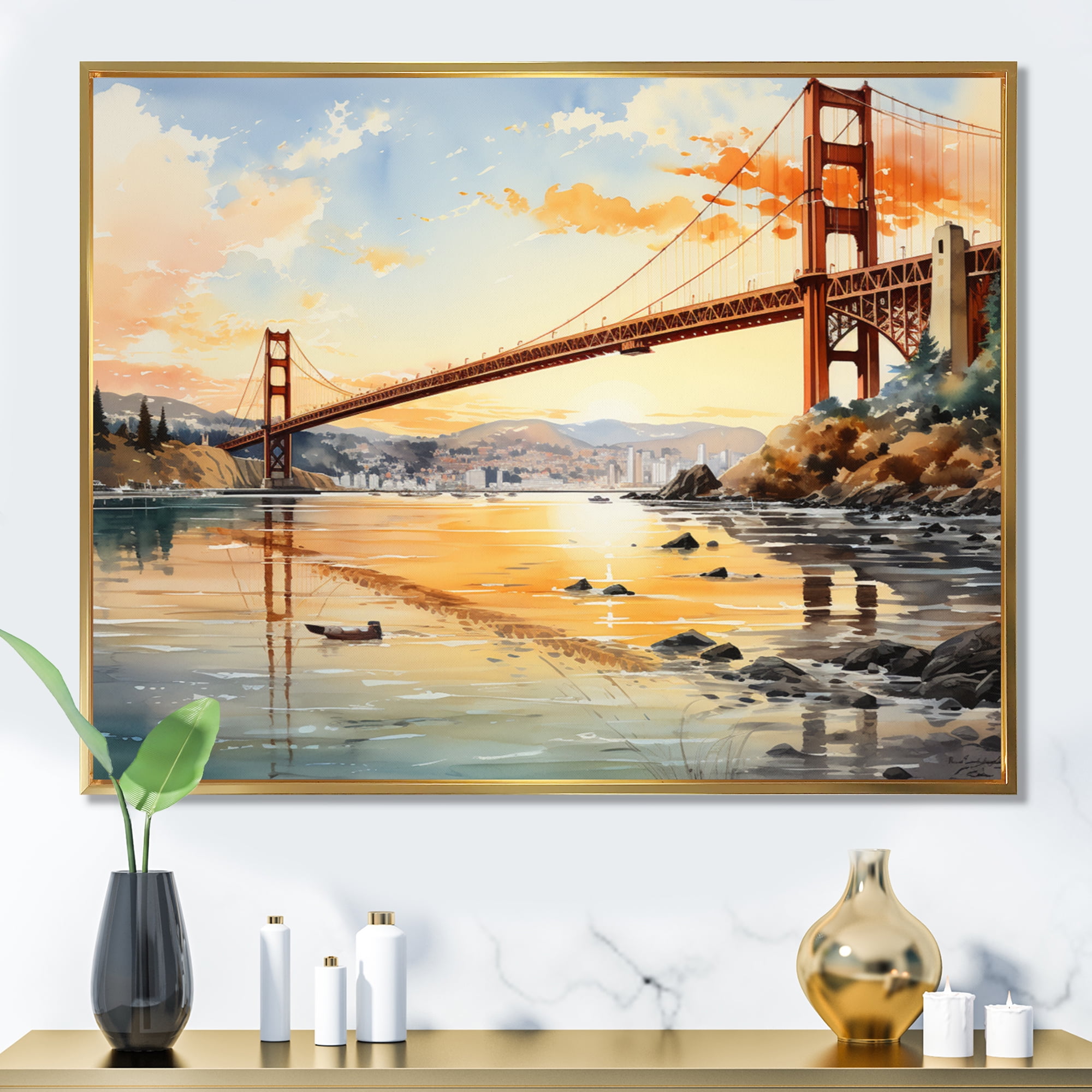Designart "Golden Gateway Orange Bridge V" Bridges Floater Framed Wall ...
