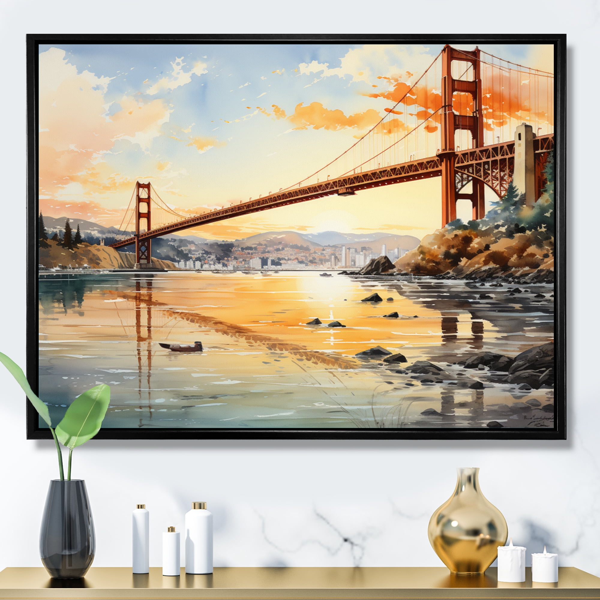 Designart "Golden Gateway Orange Bridge V" Bridges Floater Framed Wall ...