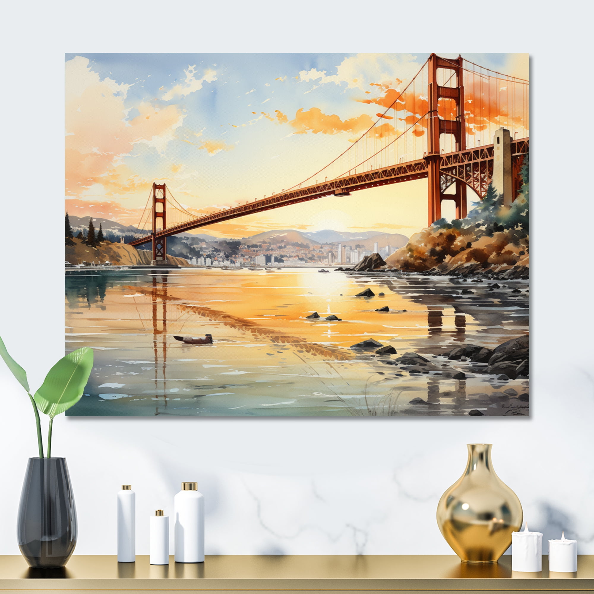 Designart "Golden Gateway Orange Bridge V" Bridges Metal Wall Art ...