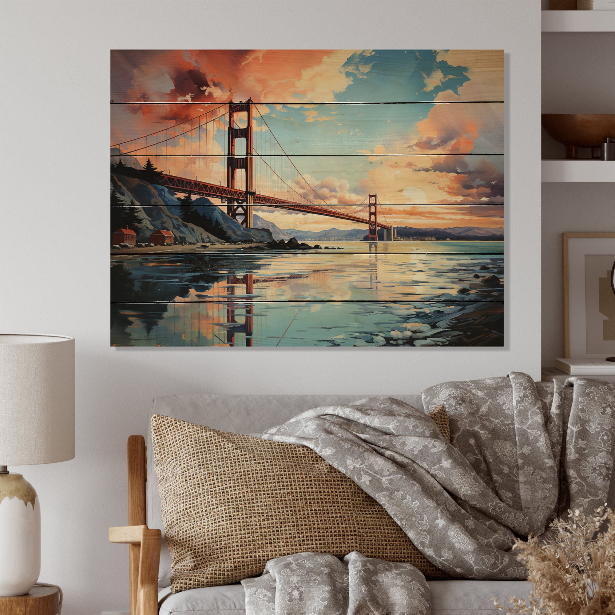 Designart "Golden Gateway Orange Bridge VI" Bridges Print on Natural ...