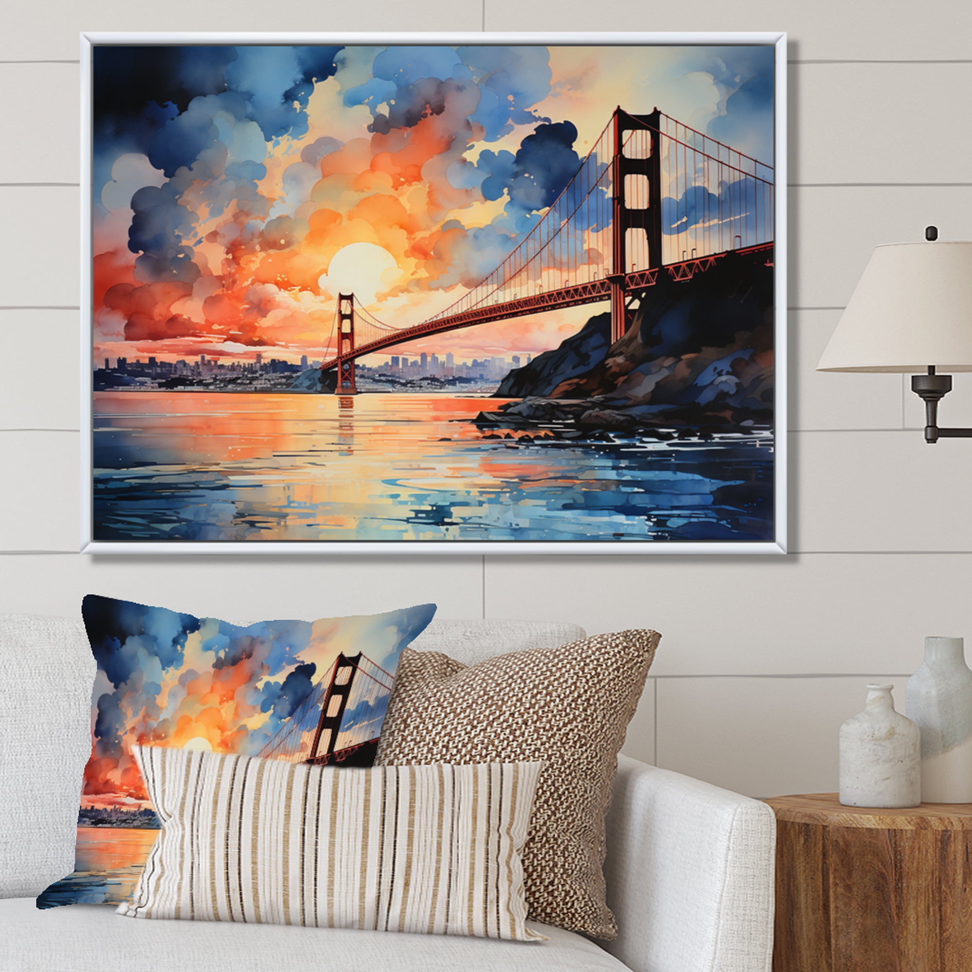 Designart "Golden Gateway Orange Bridge VII" Bridges Floater Framed ...