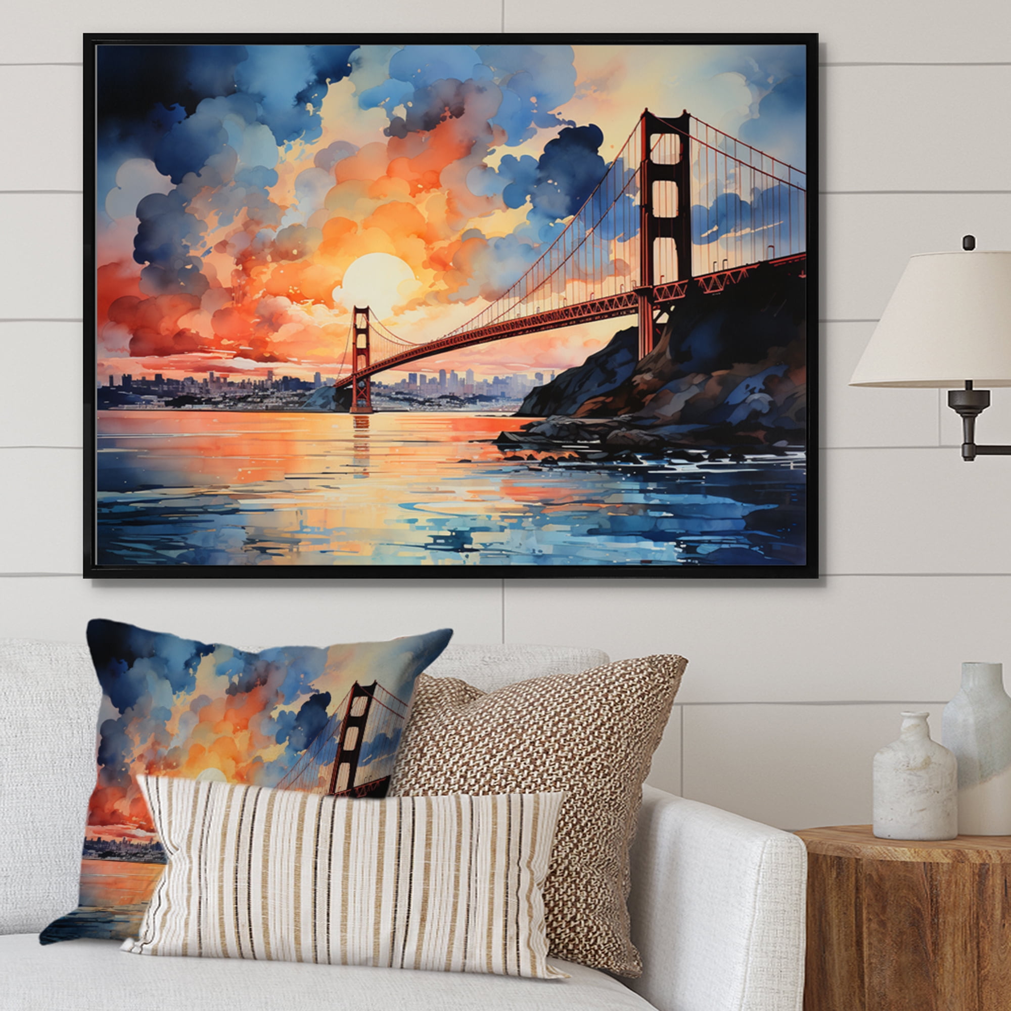 Designart "Golden Gateway Orange Bridge VII" Bridges Floater Framed ...