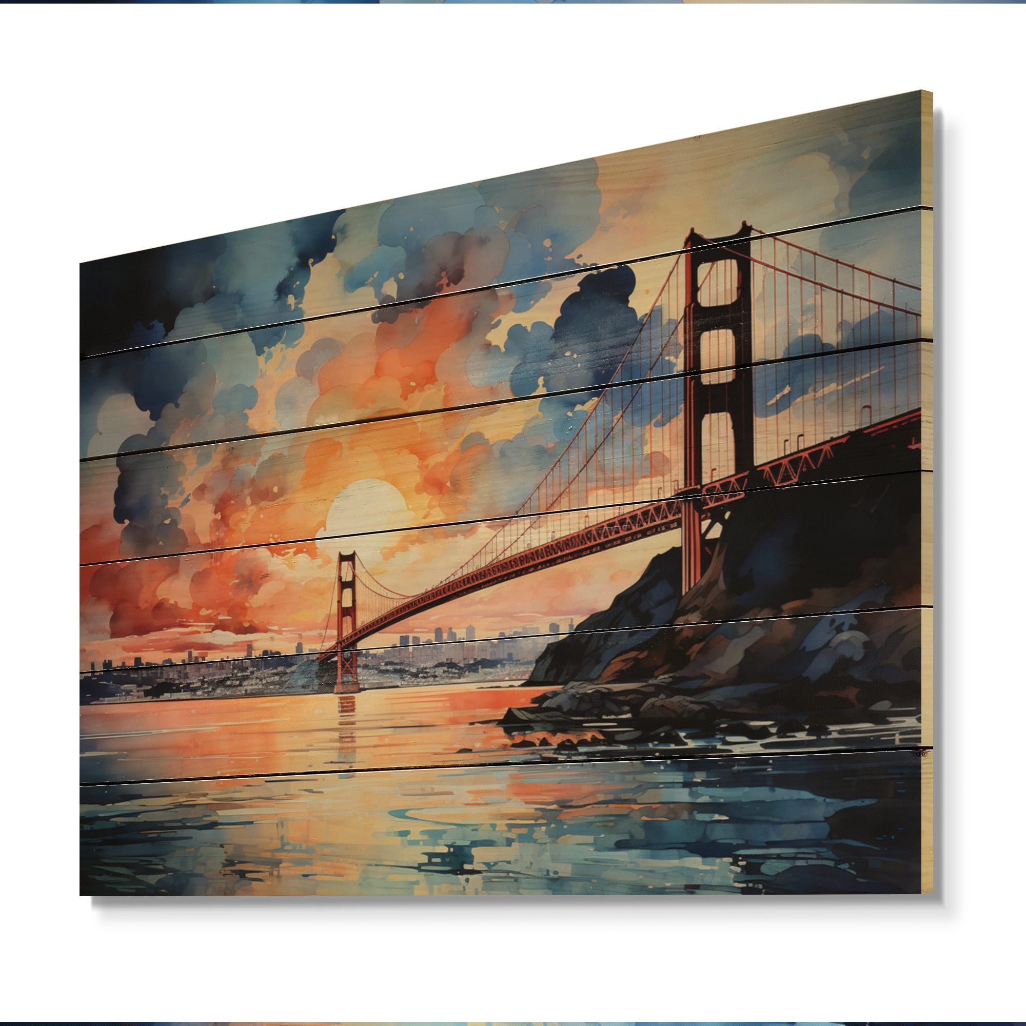 Designart "Golden Gateway Orange Bridge VII" Bridges Print on Natural ...