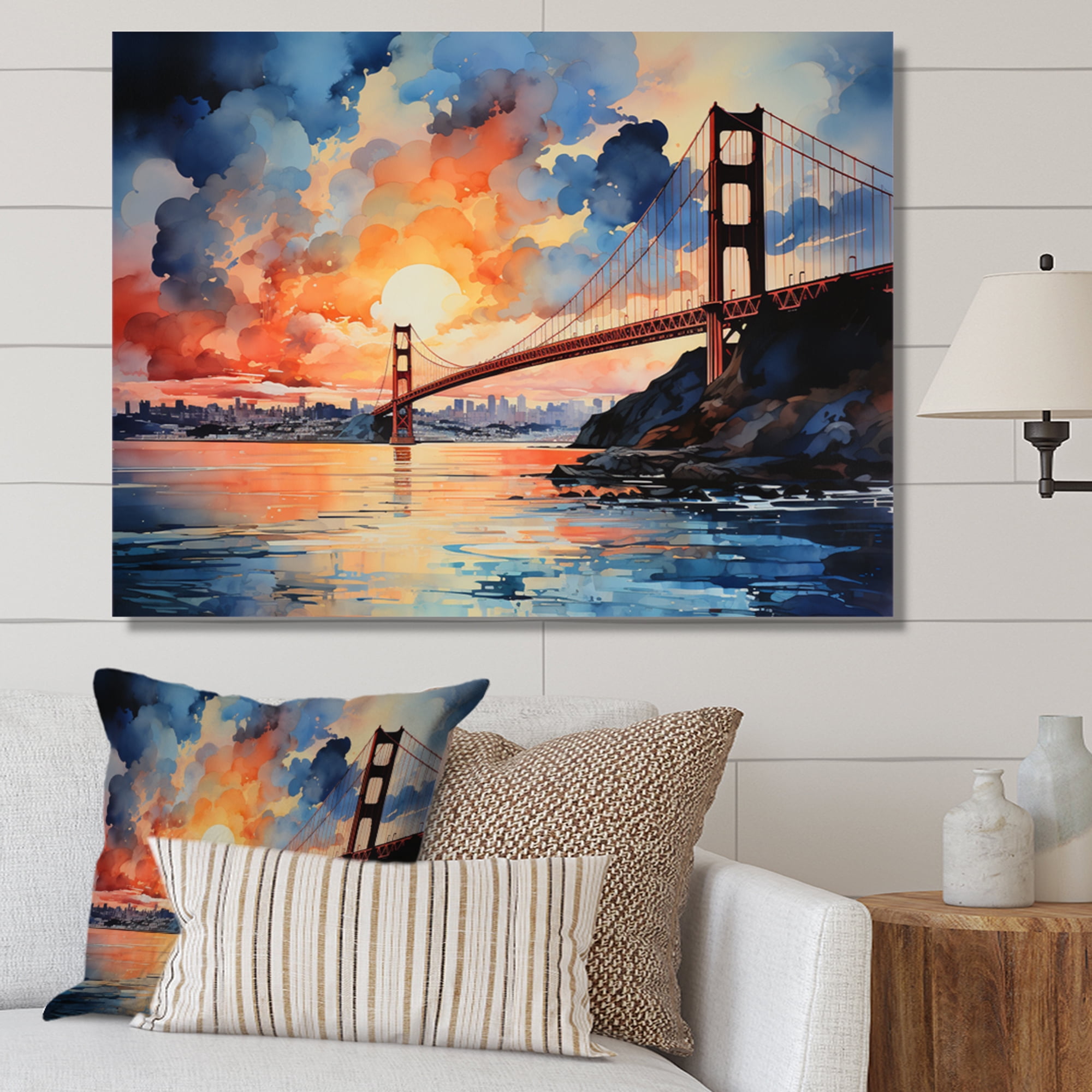 Designart "Golden Gateway Orange Bridge VII" Bridges Wall Art Print ...