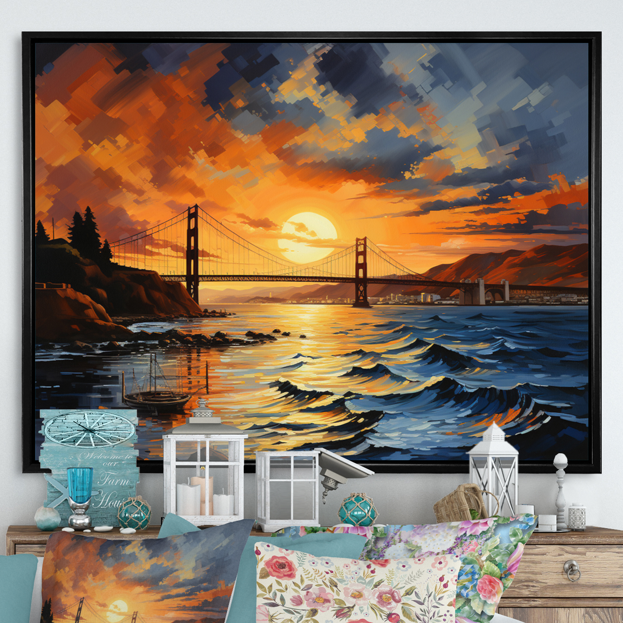 Designart "Golden Gateway Yellow Orange Bridge I" Bridges Floater ...