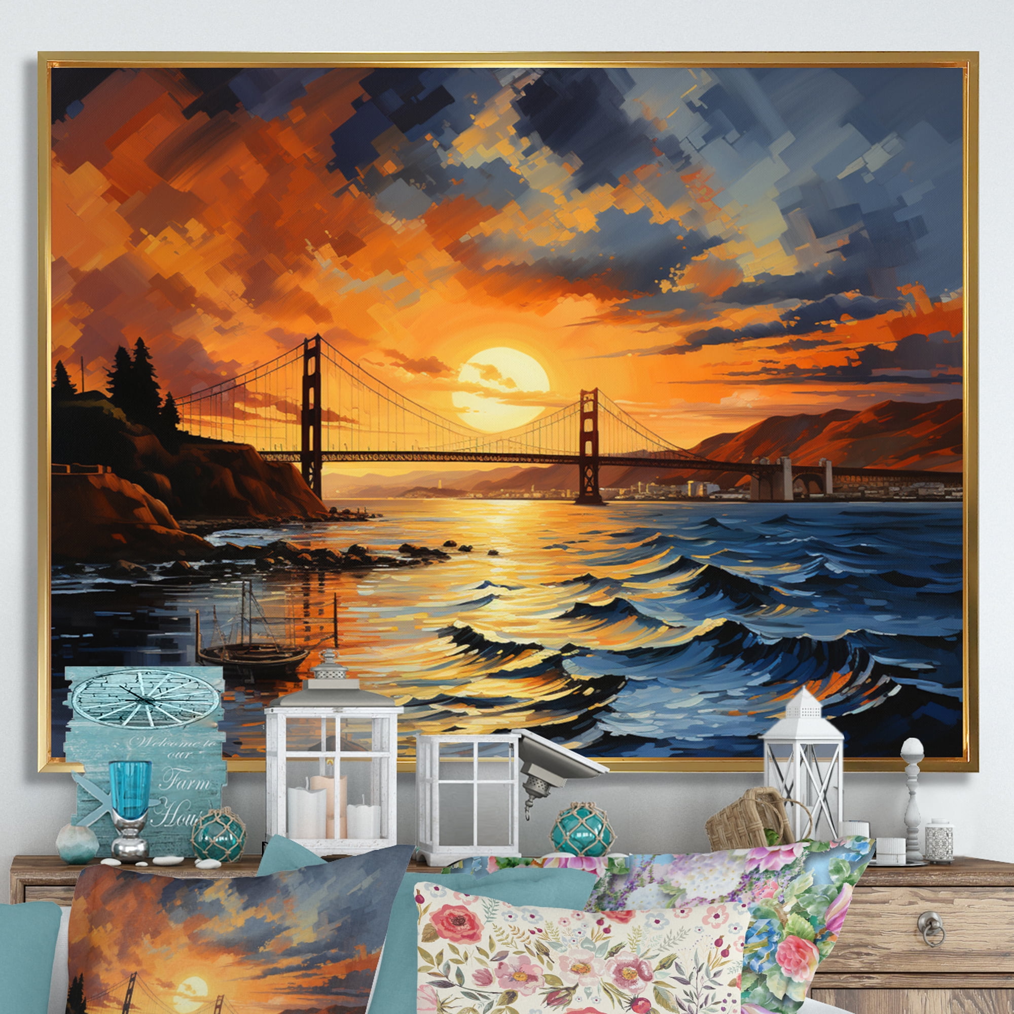 Designart "Golden Gateway Yellow Orange Bridge I" Bridges Floater ...