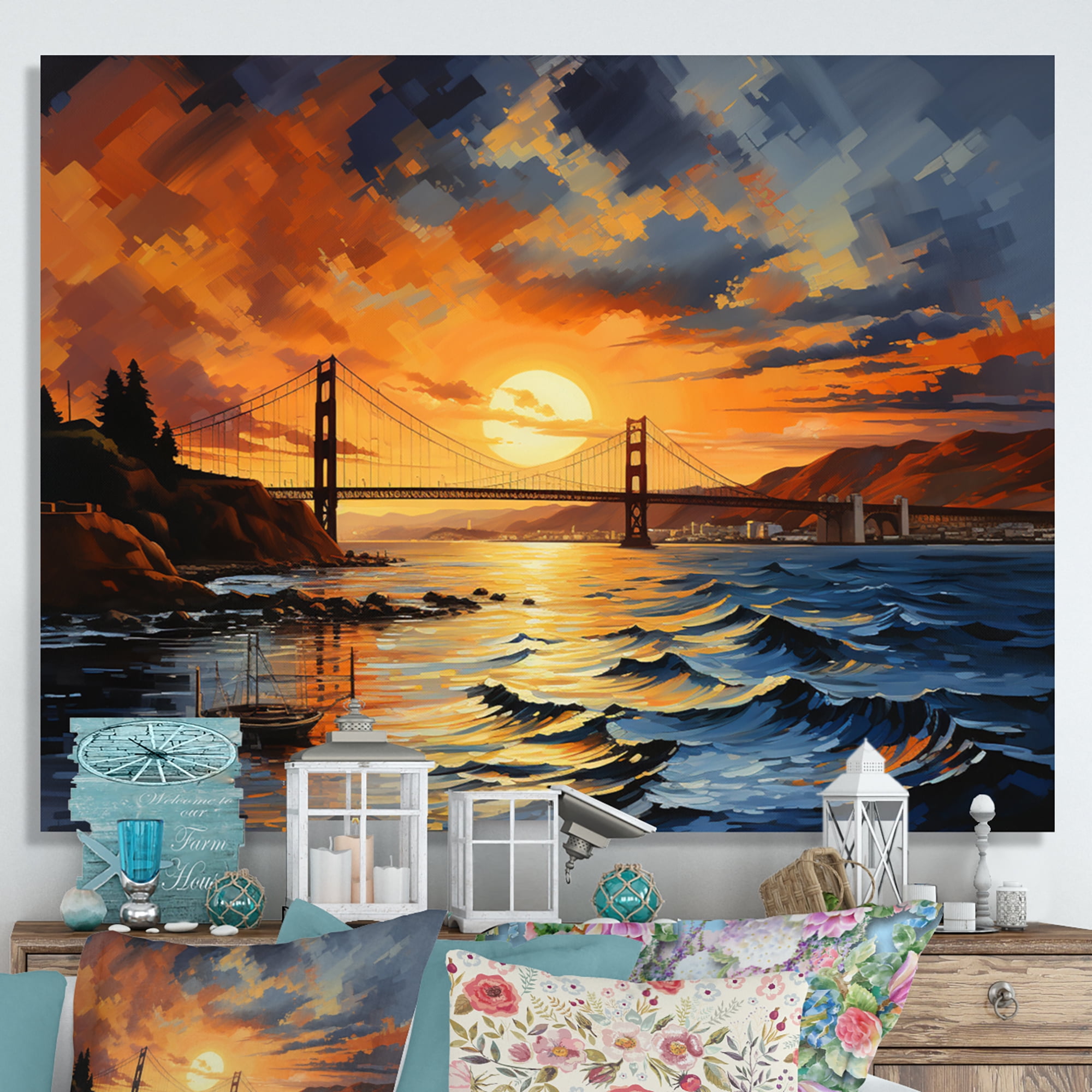 Designart "Golden Gateway Yellow Orange Bridge I" Bridges Wall Art ...