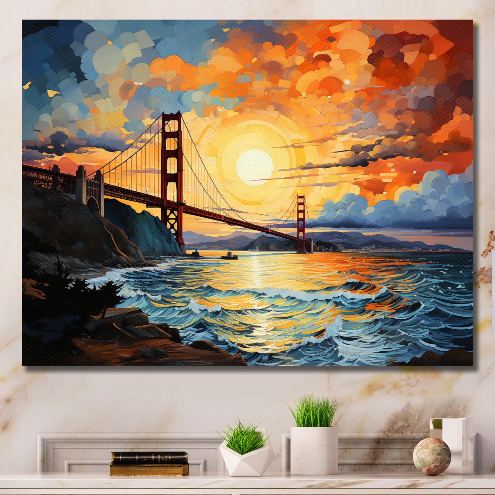 Designart "Golden Gateway Yellow Orange Bridge II" Bridges Canvas Wall ...