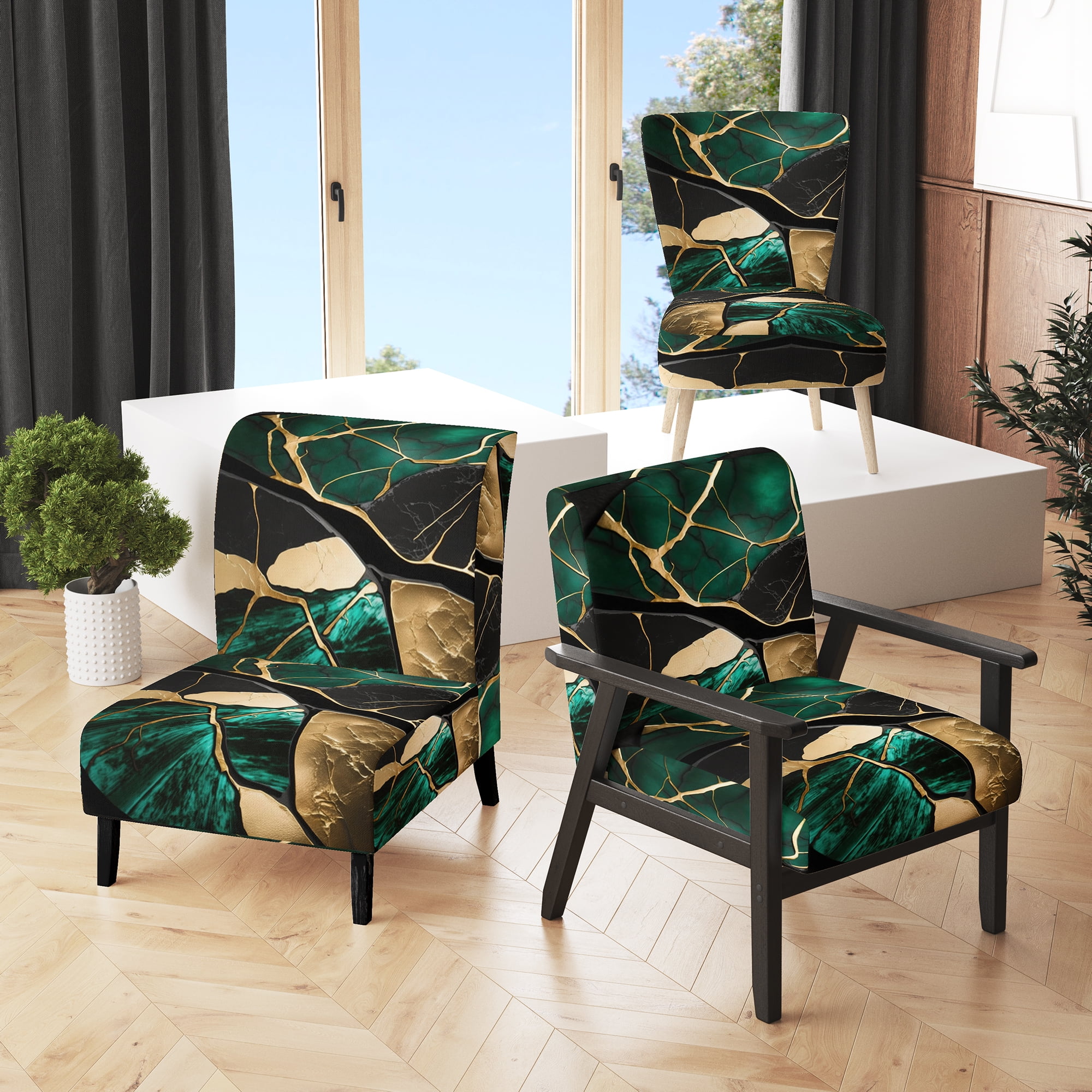 Designart "Golden Geode Abstraction I" Green Marble Upholstered Accent ...