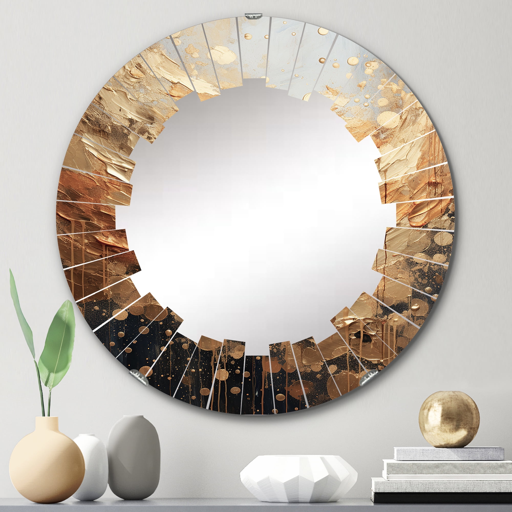 Designart "Golden Gleam Gold Grey wall art II" Abstract Collages Round ...