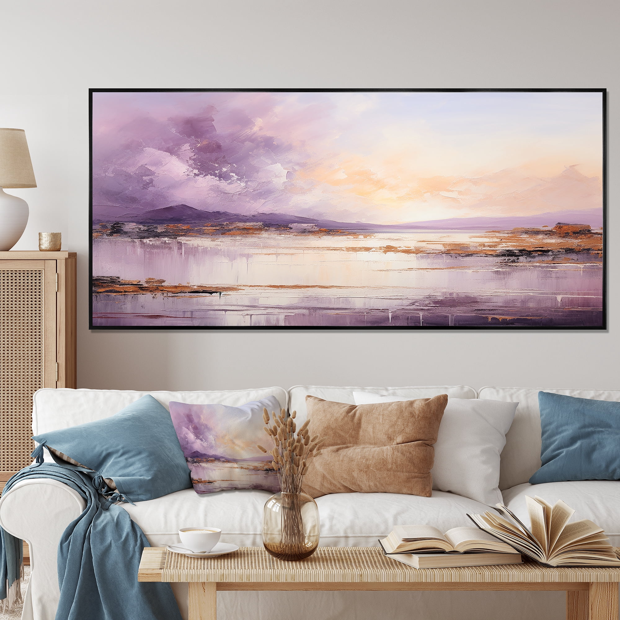 Designart "Golden Lakeside Majesty Purple and Gold Scenery II" Oversized Cottage Framed Wall Art ...