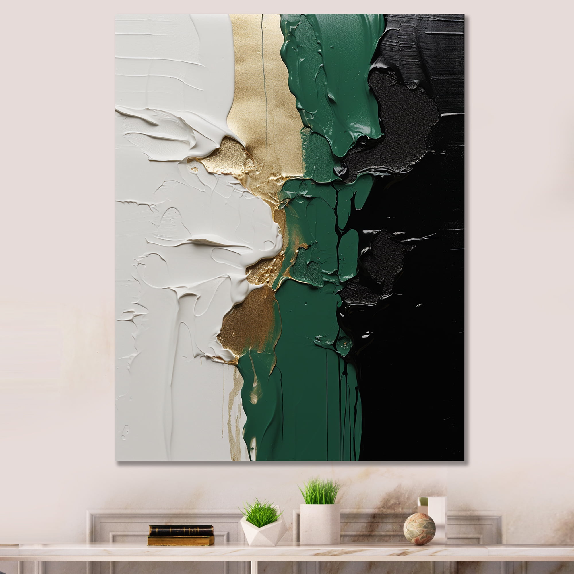 Designart "Golden Merge of Green and Black Ink I" Abstract Canvas Wall ...