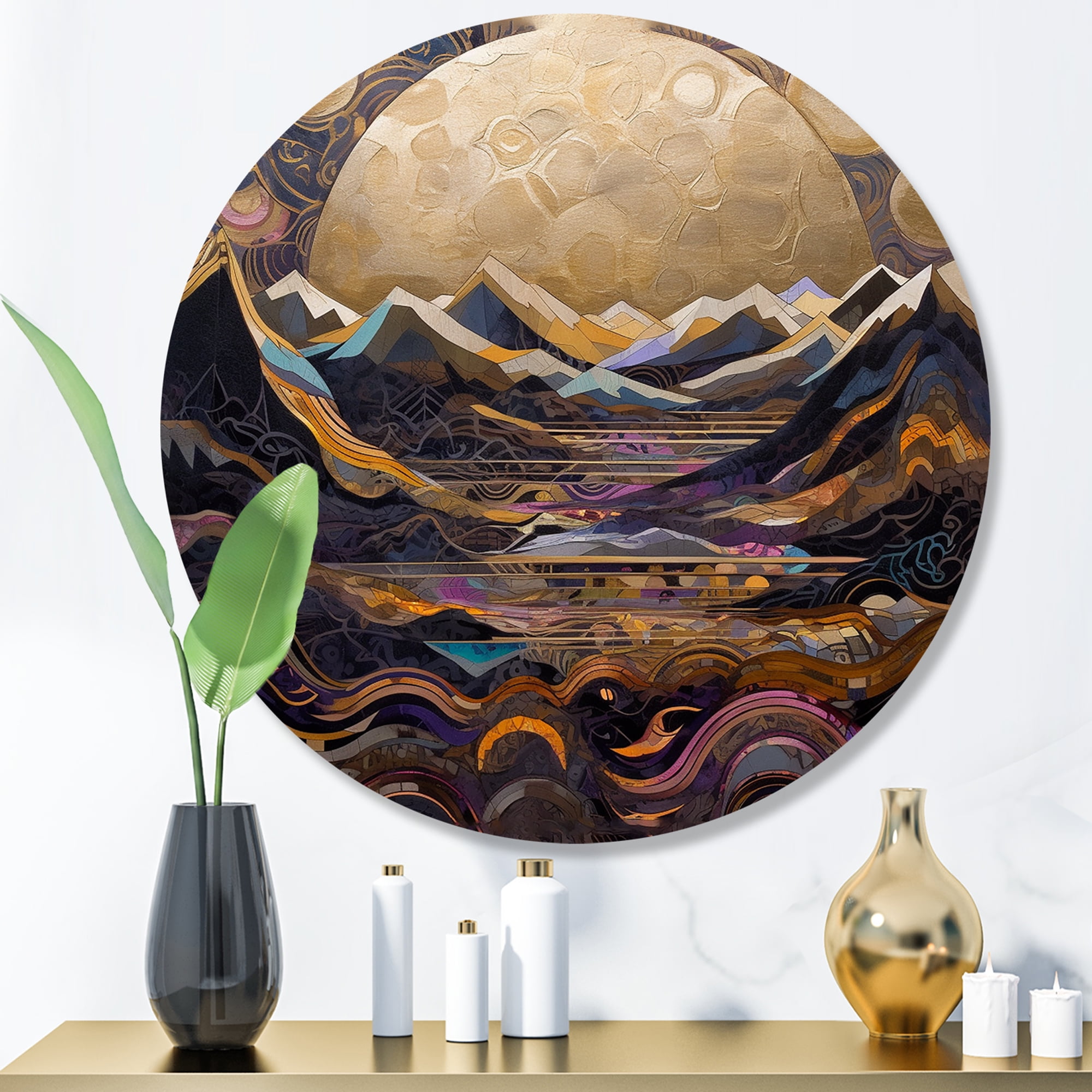 Designart "Golden Moonrise II" Landscape Modern Metal Round Art Print ...