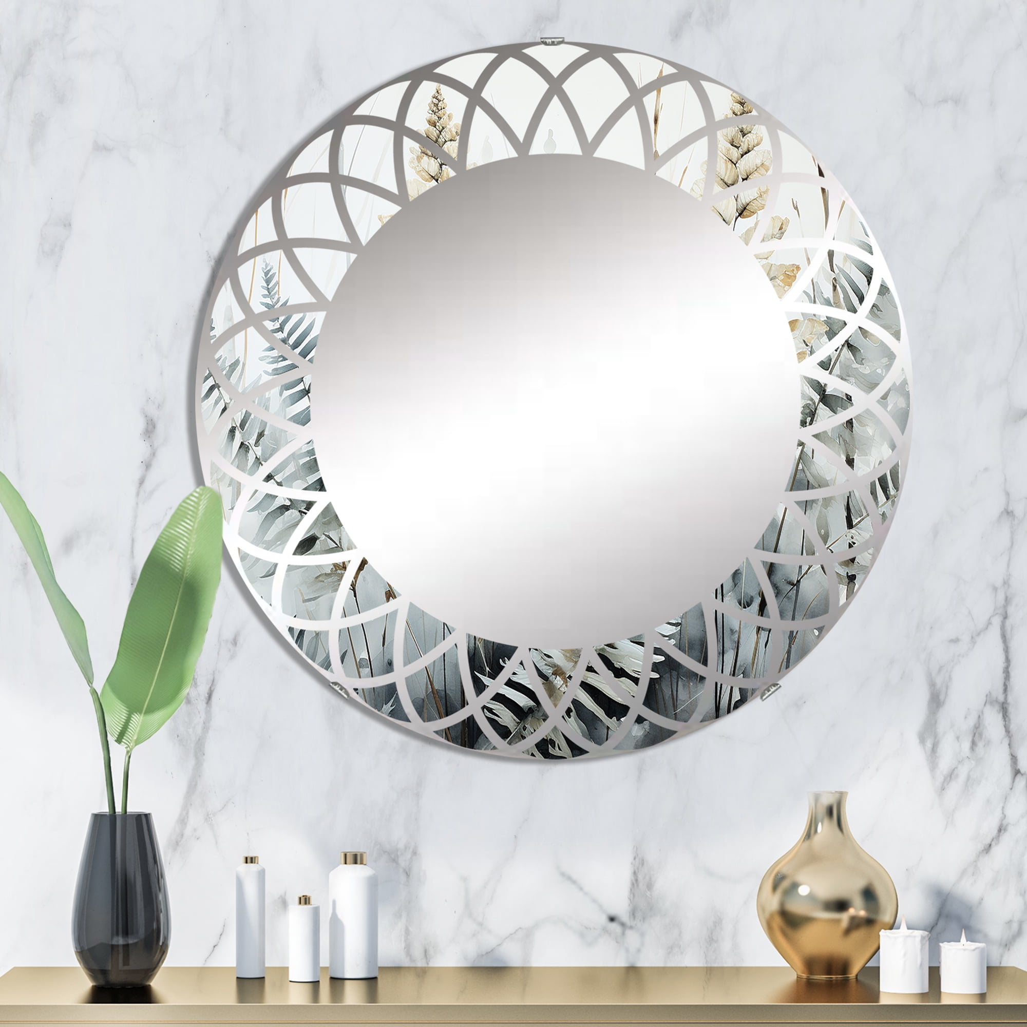 Designart "Golden Oasis Green Ferns" Floral Round Wall Mirror - Modern ...