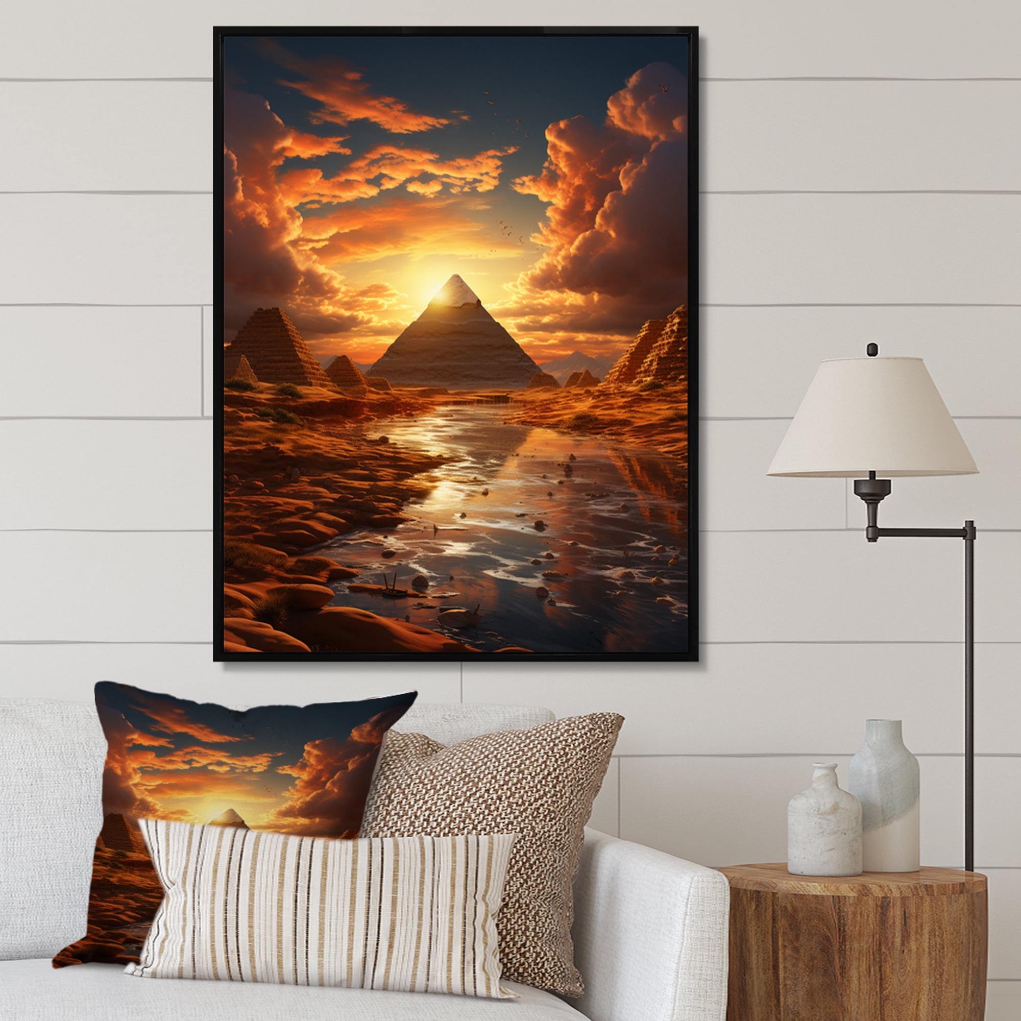 Designart "Golden Pyramids of Egypt I" Egypt Floater Framed Wall Decor ...
