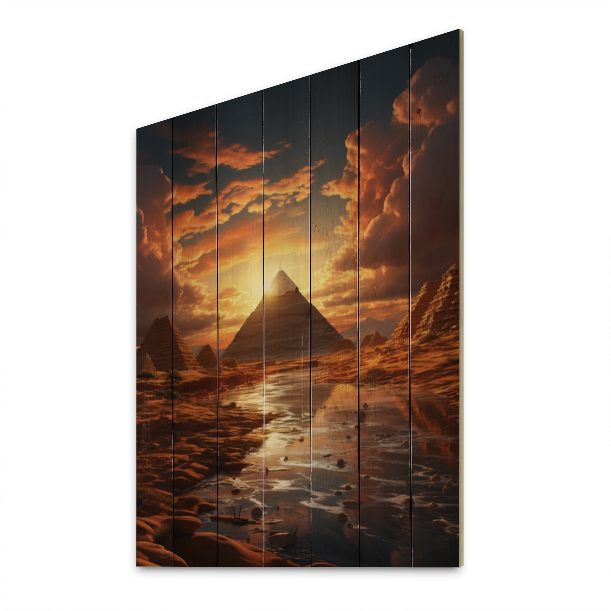 Designart "Golden Pyramids of Egypt I" Egypt Print on Natural Pine Wood ...