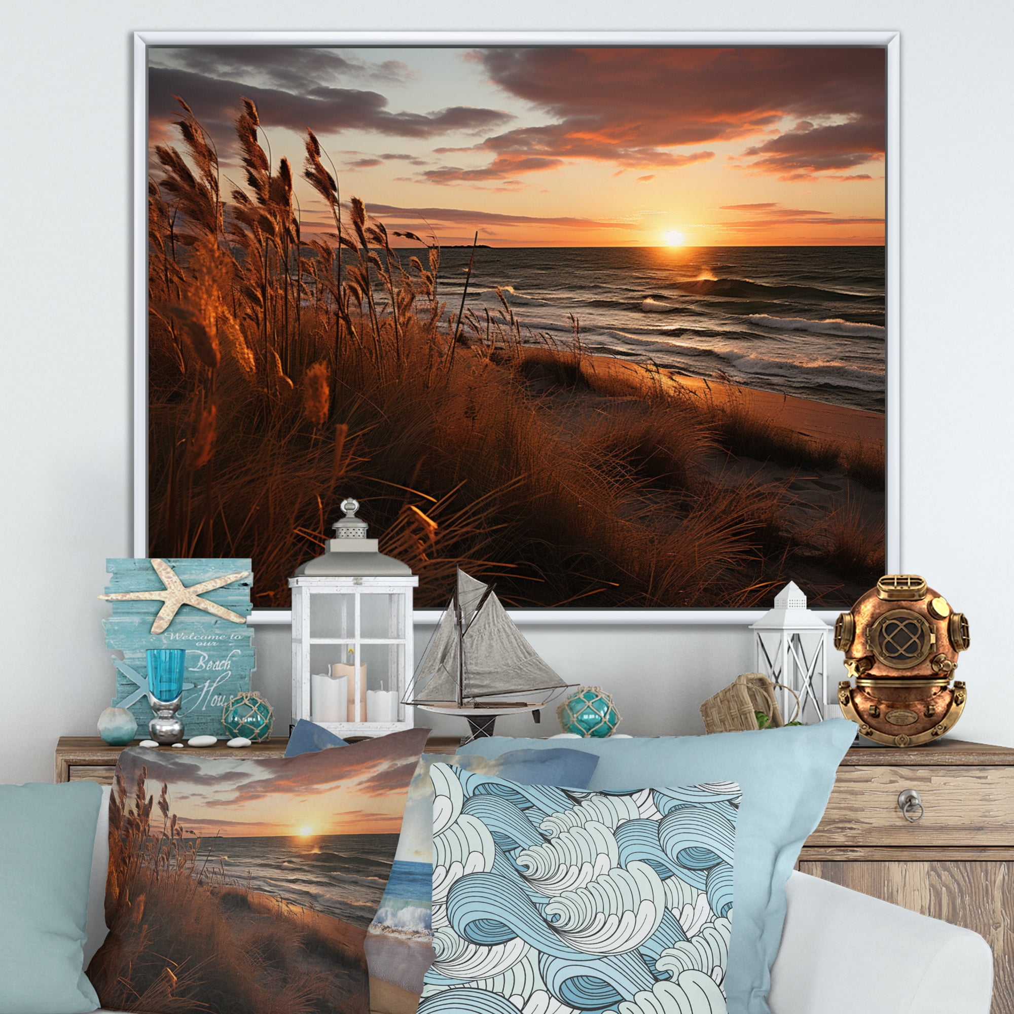 Designart "Golden Sands Beach Photo I" Nautical & Beach Floater Framed ...